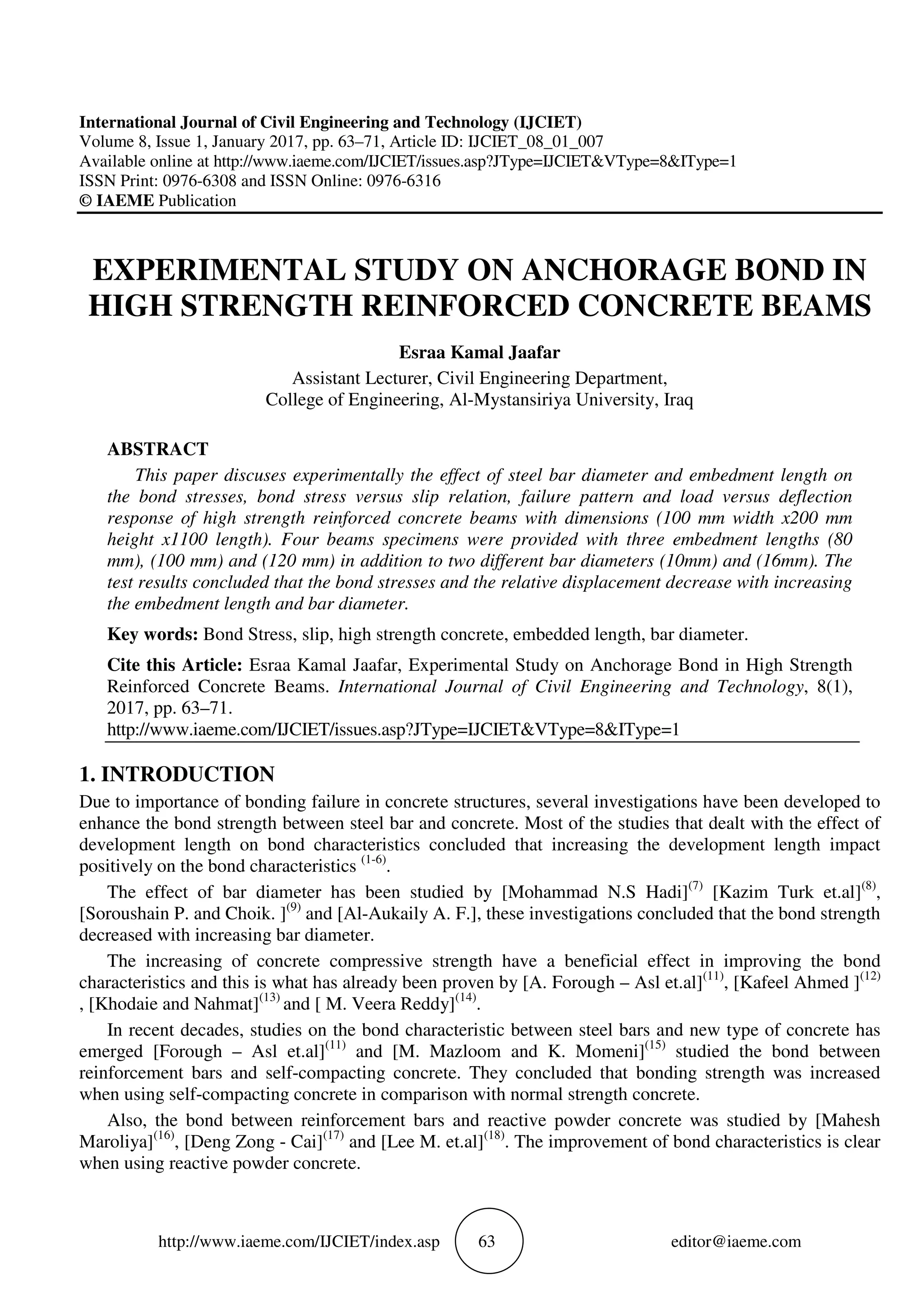 EXPERIMENTAL STUDY ON ANCHORAGE BOND IN HIGH STRENGTH REINFORCED ...