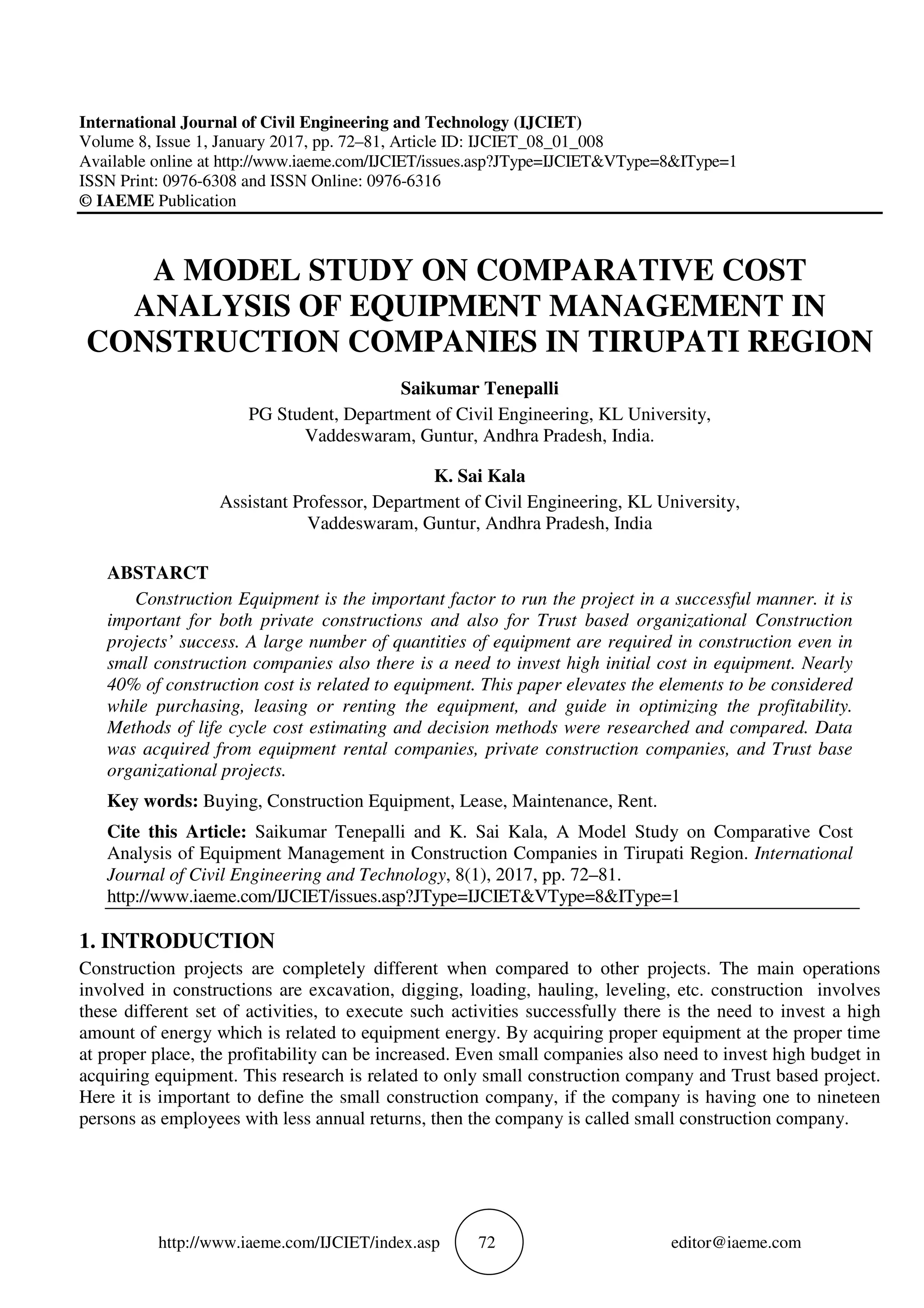 A MODEL STUDY ON COMPARATIVE COST ANALYSIS OF EQUIPMENT MANAGEMENT IN ...