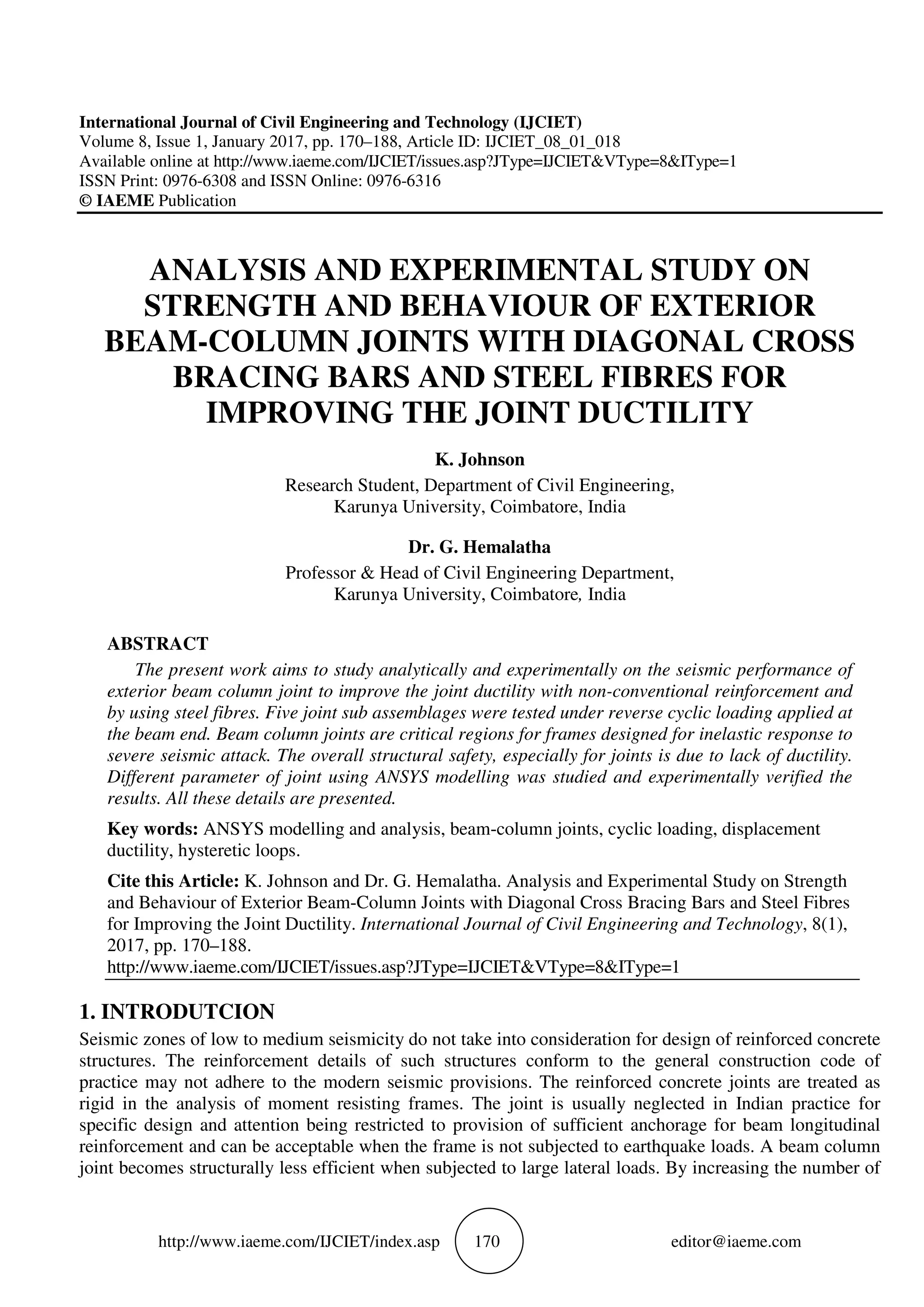 ANALYSIS AND EXPERIMENTAL STUDY ON STRENGTH AND BEHAVIOUR OF EXTERIOR ...