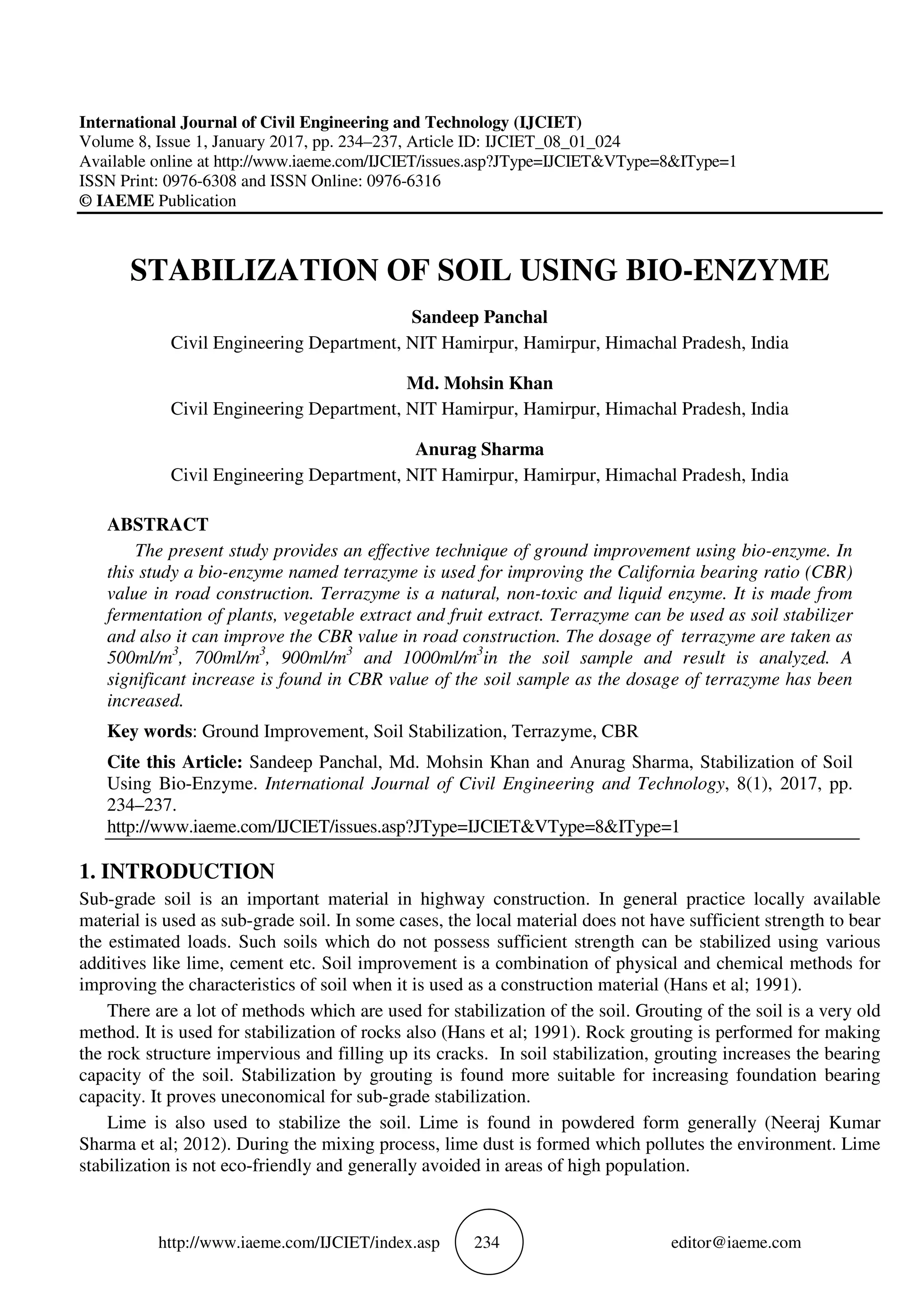 STABILIZATION OF SOIL USING BIO-ENZYME | PDF