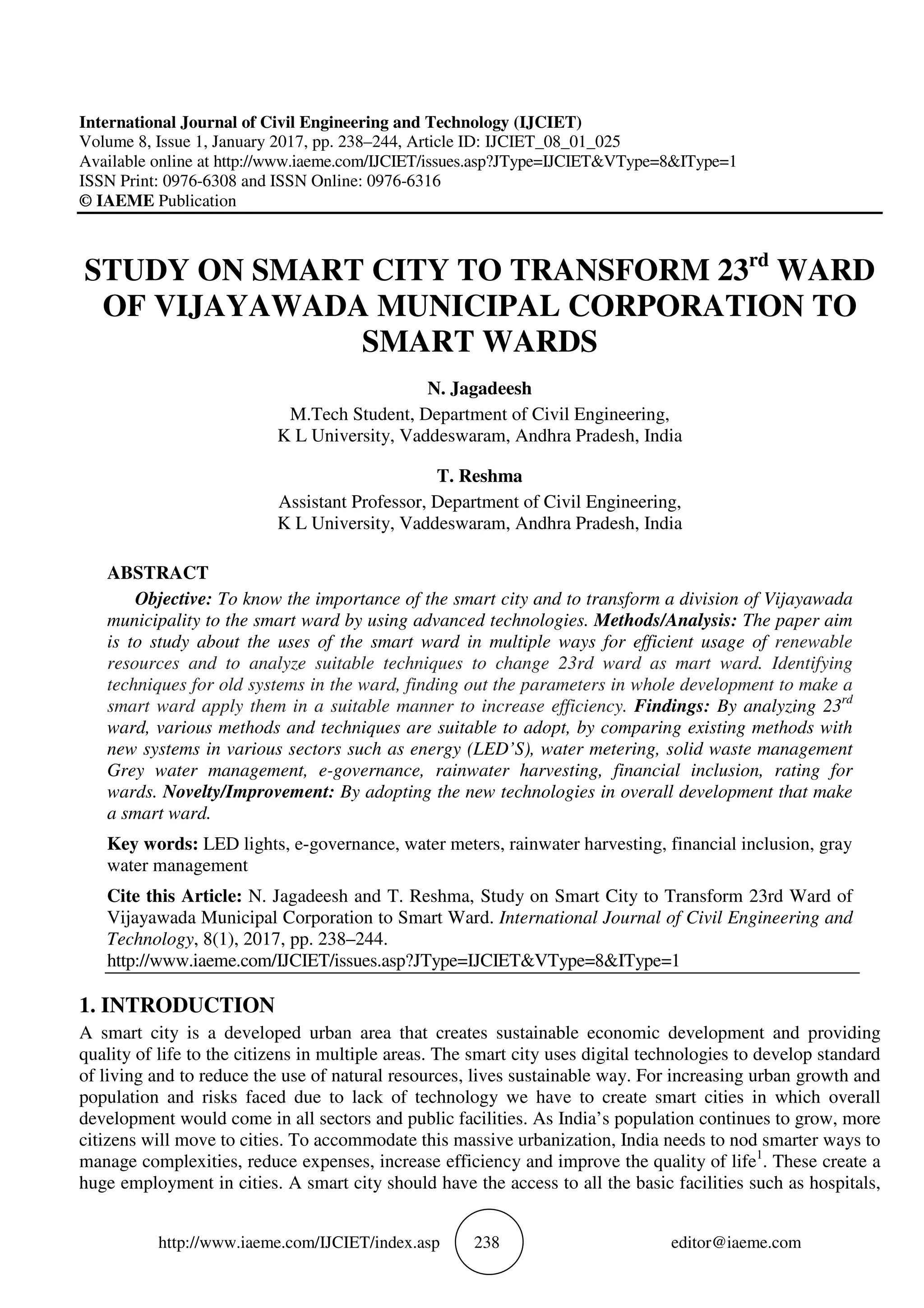 STUDY ON SMART CITY TO TRANSFORM 23rd WARD OF VIJAYAWADA MUNICIPAL ...
