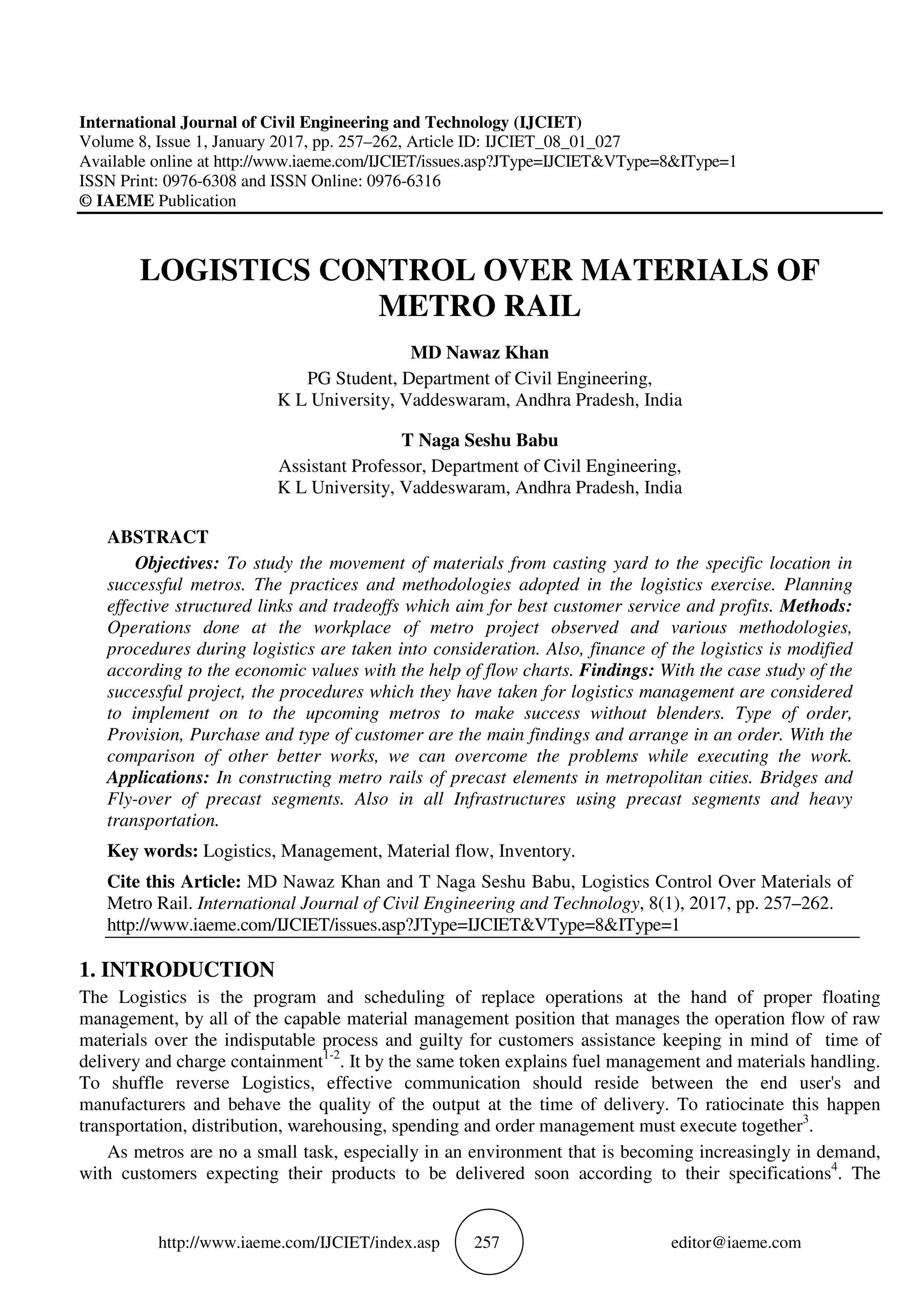 LOGISTICS CONTROL OVER MATERIALS OF METRO RAIL | PDF