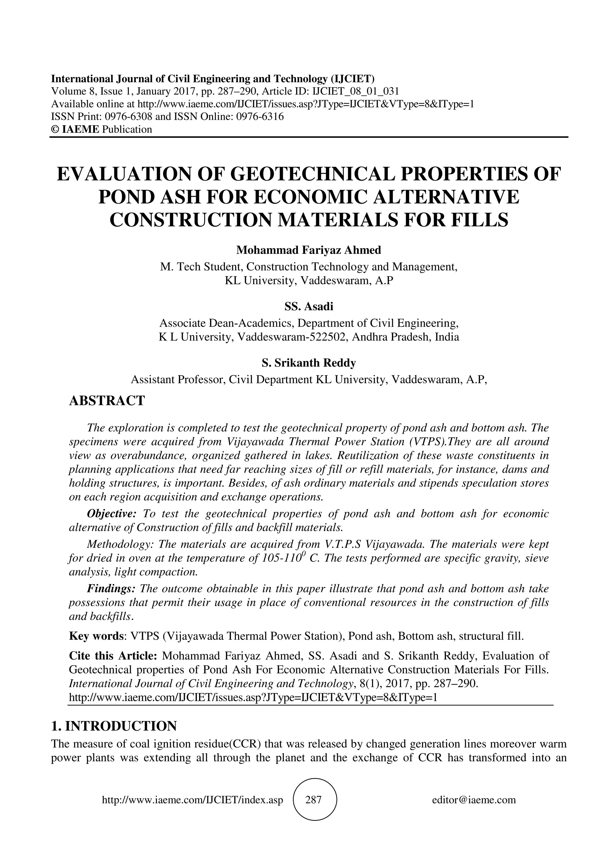 EVALUATION OF GEOTECHNICAL PROPERTIES OF POND ASH FOR ECONOMIC ...