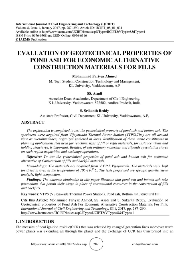 EVALUATION OF GEOTECHNICAL PROPERTIES OF POND ASH FOR ECONOMIC ALTERNATIVE CONSTRUCTION ...