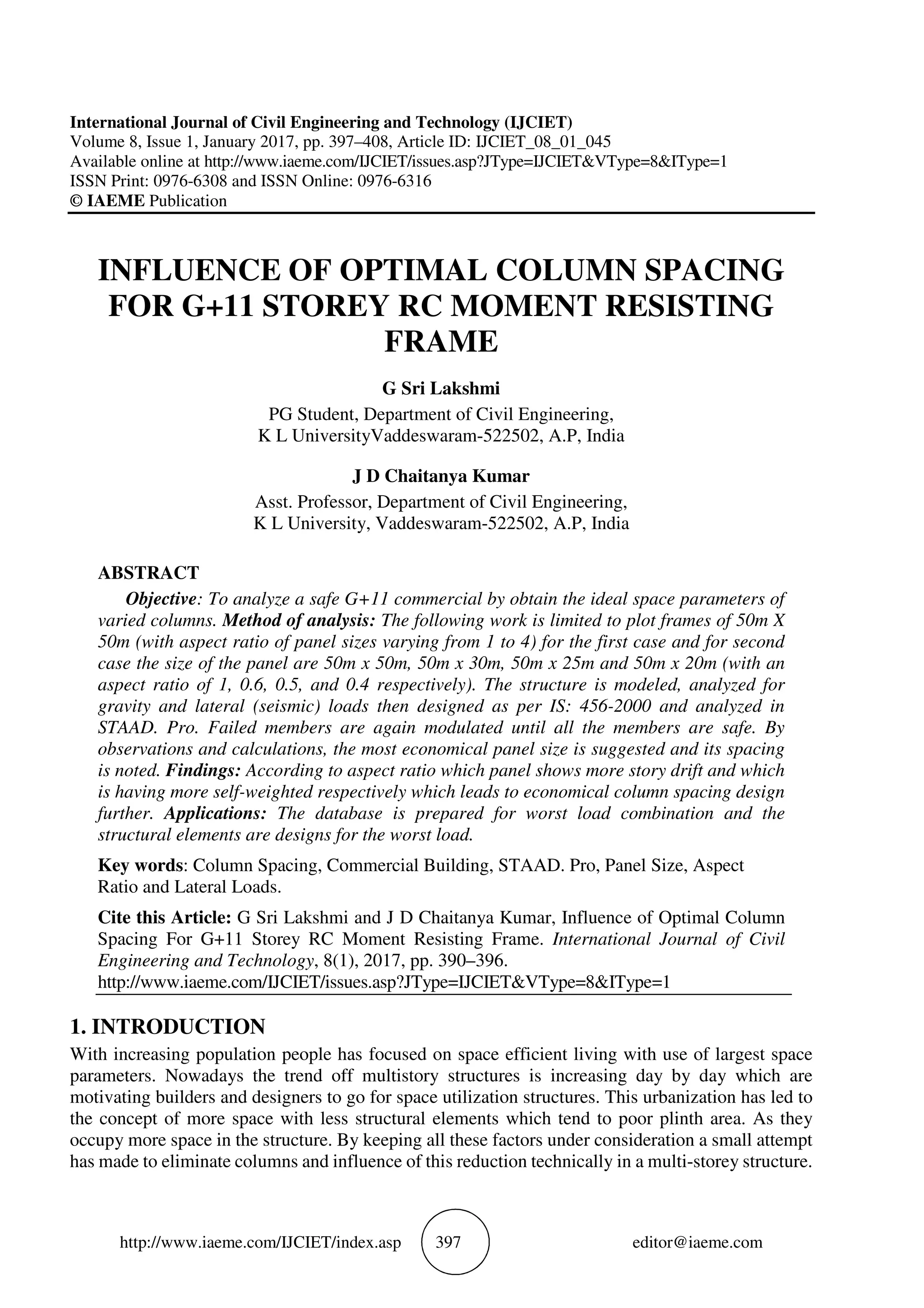 INFLUENCE OF OPTIMAL COLUMN SPACING FOR G+11 STOREY RC MOMENT RESISTING ...