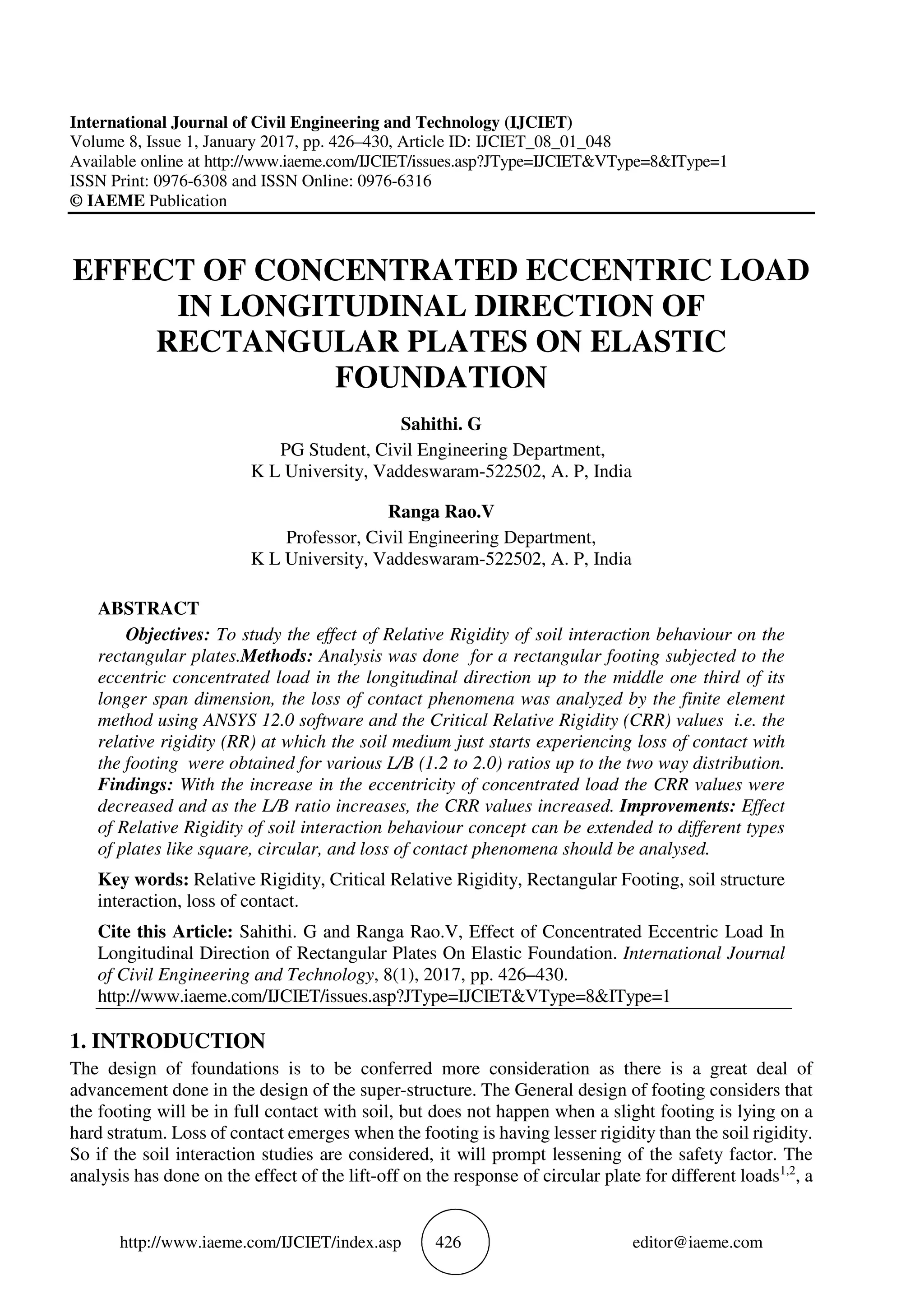 EFFECT OF CONCENTRATED ECCENTRIC LOAD IN LONGITUDINAL DIRECTION OF ...