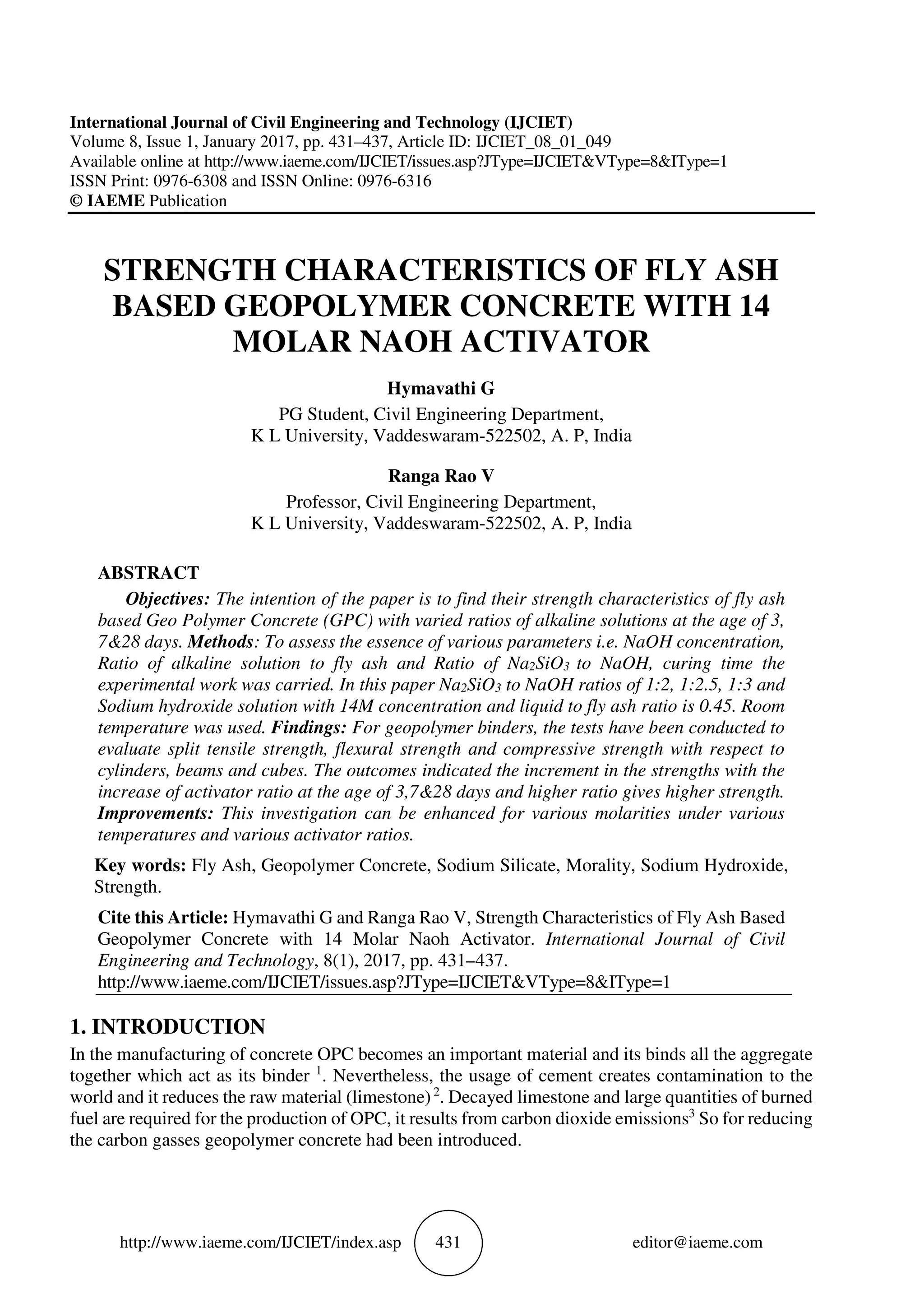 STRENGTH CHARACTERISTICS OF FLY ASH BASED GEOPOLYMER CONCRETE WITH 14 ...