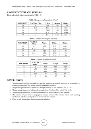 EXPERIMENTAL STUDY ON COIR FIBRE REINFORCED FLY ASH BASED GEOPOLYMER ...