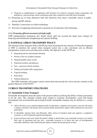 DEVELOPMENT OF SUSTAINABLE URBAN TRANSPORT STRATEGIES FOR SALEM CITY | PDF