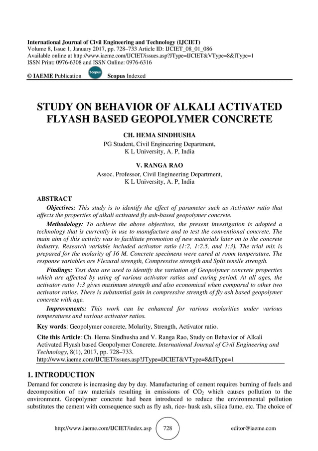 STUDY ON BEHAVIOR OF ALKALI ACTIVATED FLYASH BASED GEOPOLYMER CONCRETE | PDF