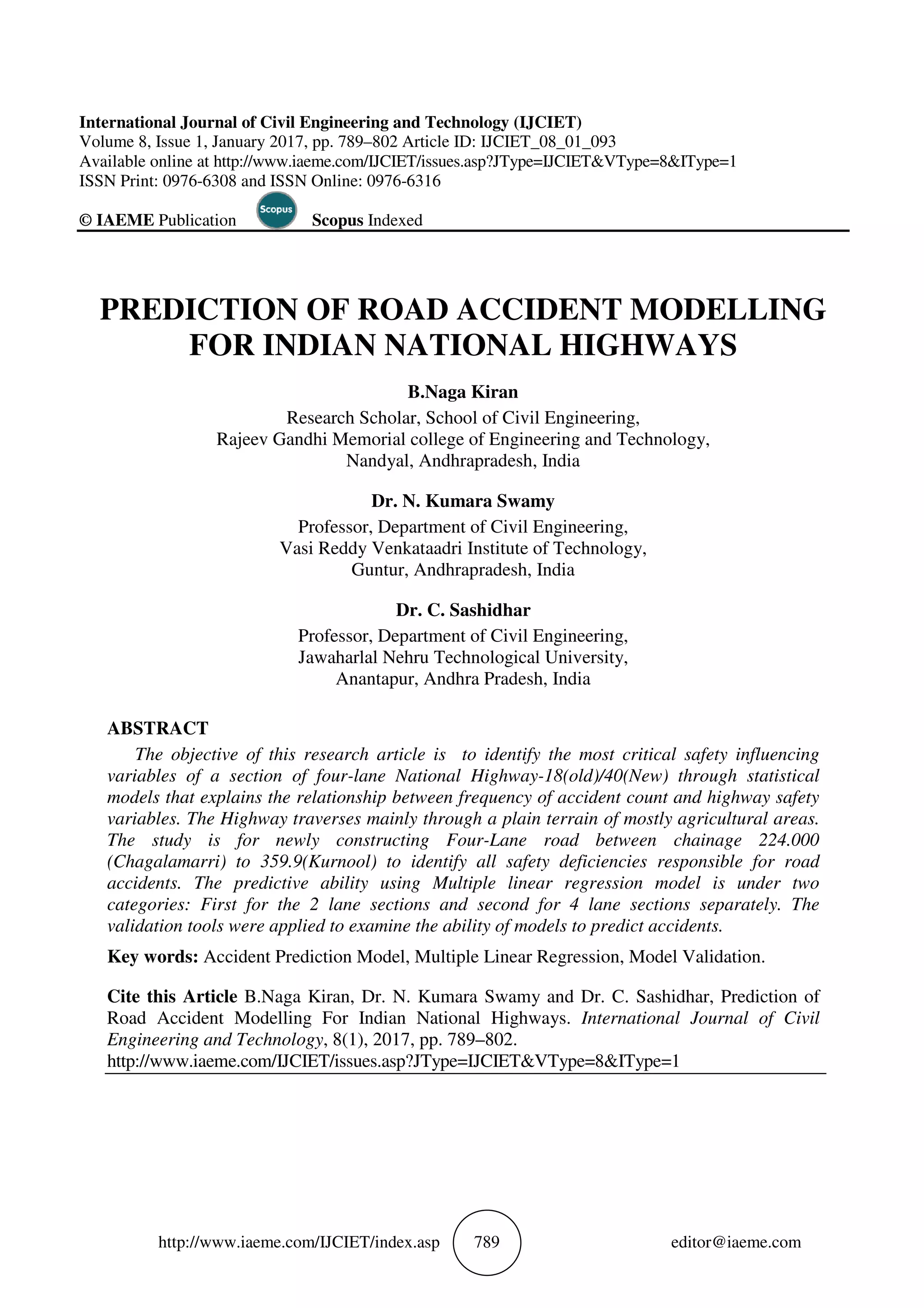PREDICTION OF ROAD ACCIDENT MODELLING FOR INDIAN NATIONAL HIGHWAYS | PDF
