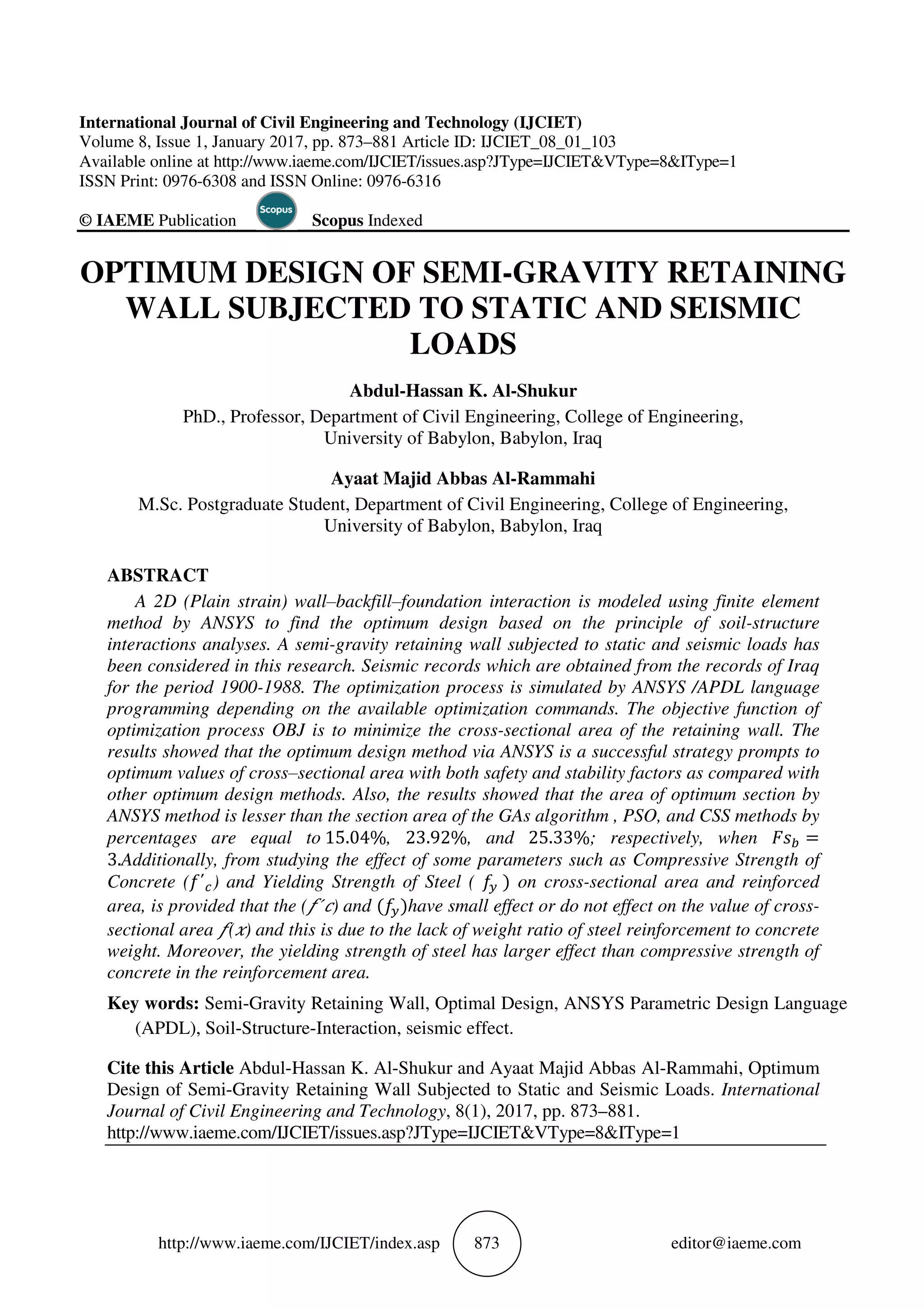 OPTIMUM DESIGN OF SEMI-GRAVITY RETAINING WALL SUBJECTED TO STATIC AND SEISMIC LOADS | PDF