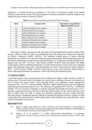 A STUDY OF VARIOUS FACTORS AFFECTING CONTRACTOR’S PERFORMANCE IN LOWEST ...