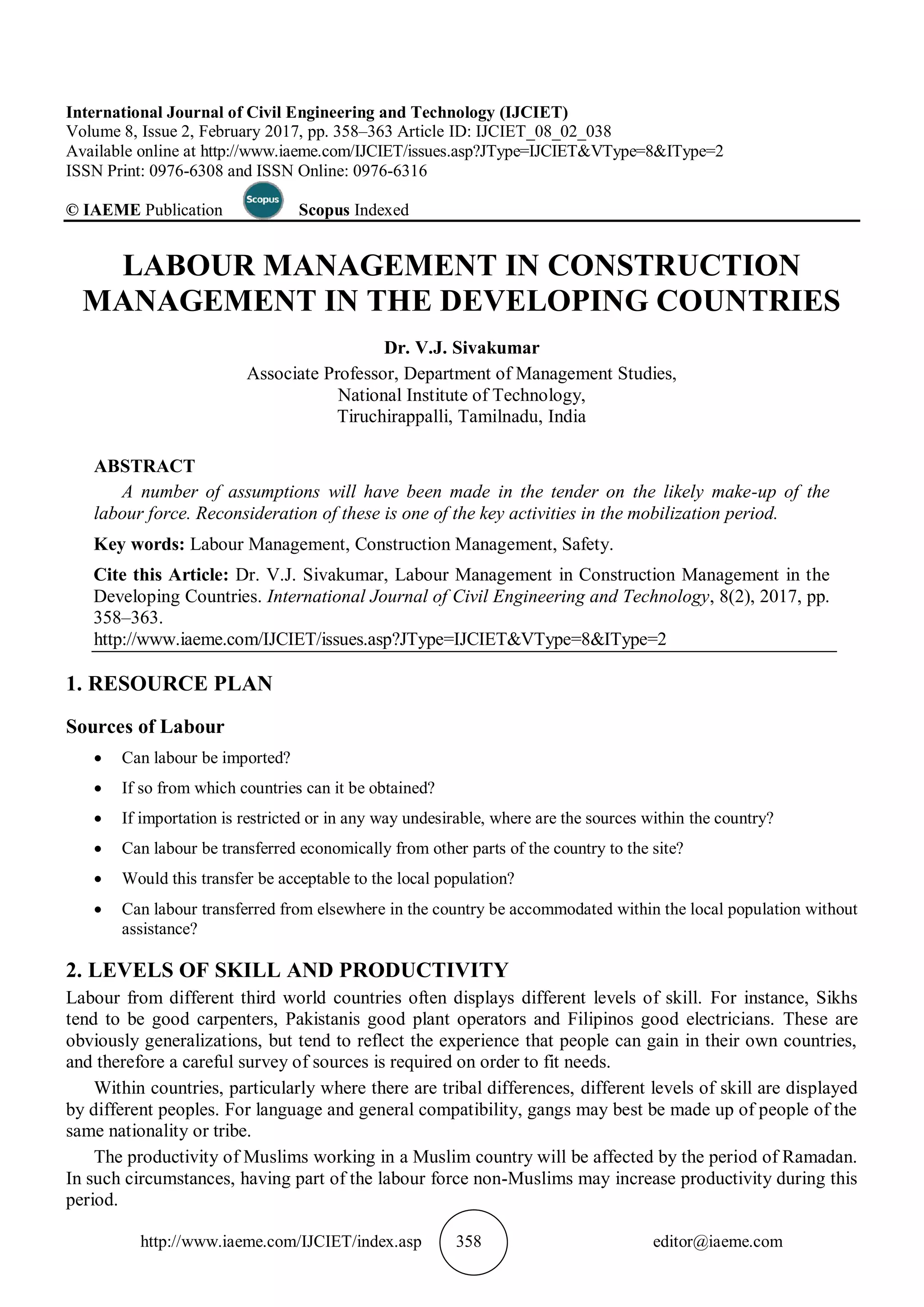 LABOUR MANAGEMENT IN CONSTRUCTION MANAGEMENT IN THE DEVELOPING ...