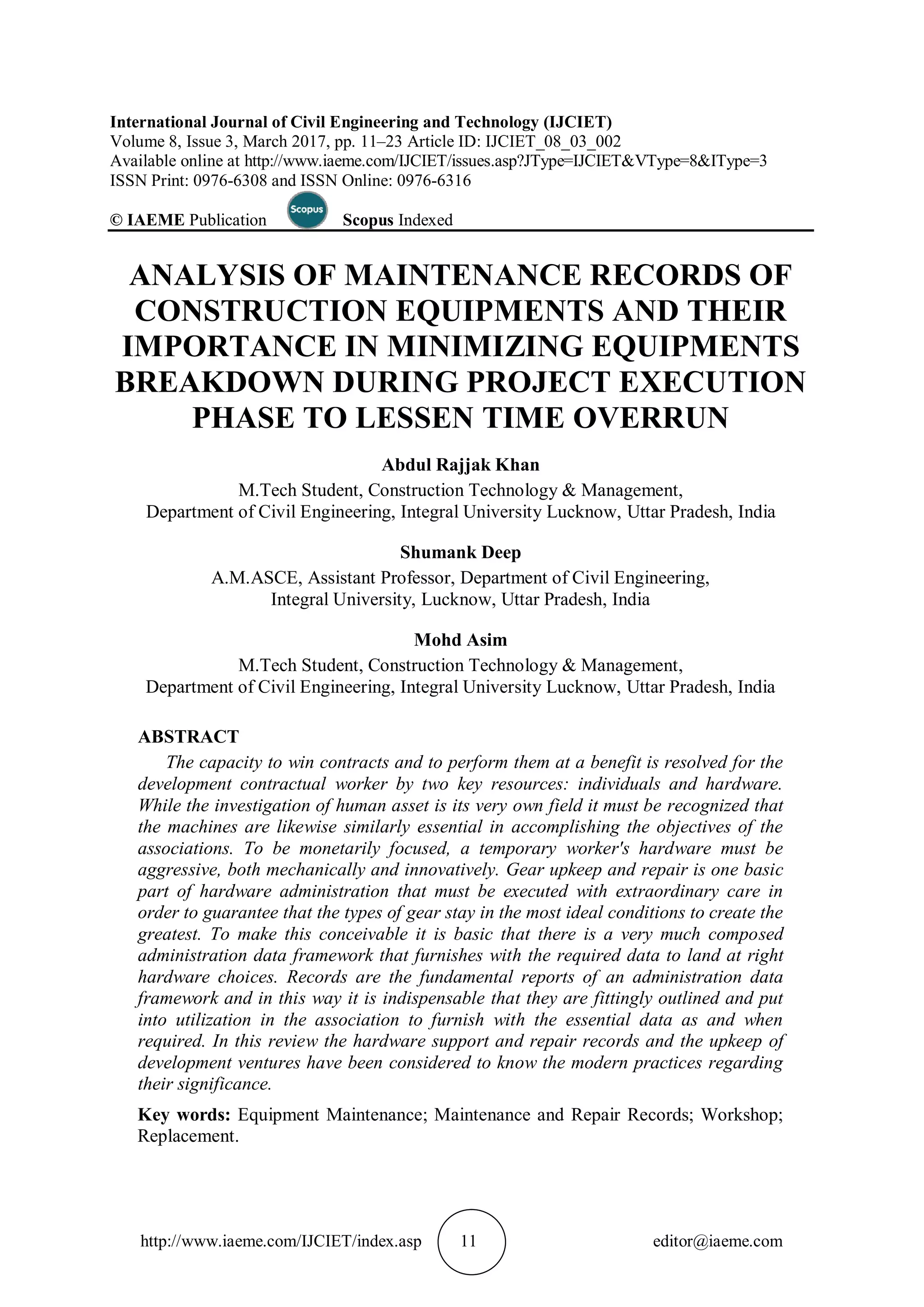 ANALYSIS OF MAINTENANCE RECORDS OF CONSTRUCTION EQUIPMENTS AND THEIR ...