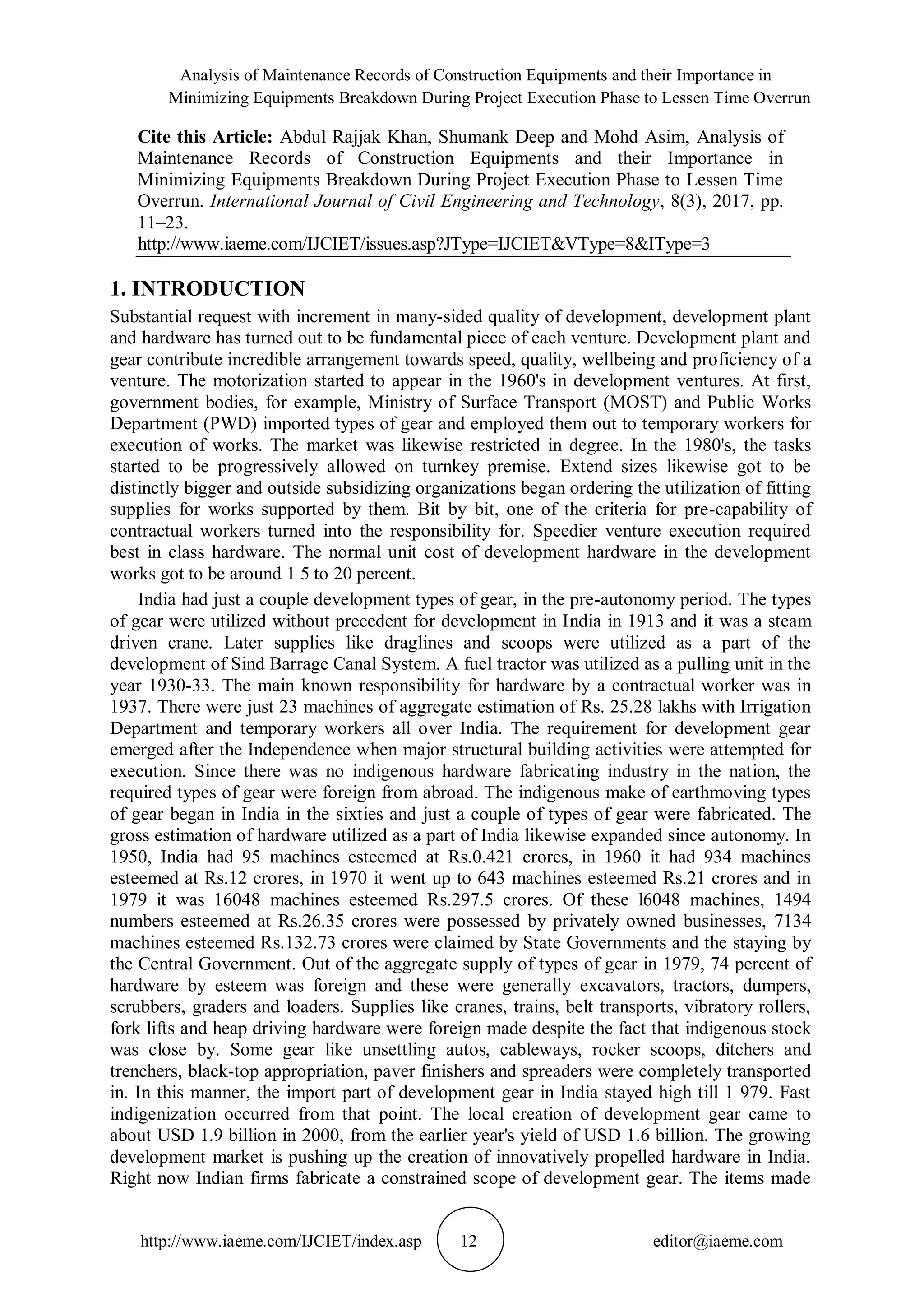 ANALYSIS OF MAINTENANCE RECORDS OF CONSTRUCTION EQUIPMENTS AND THEIR ...