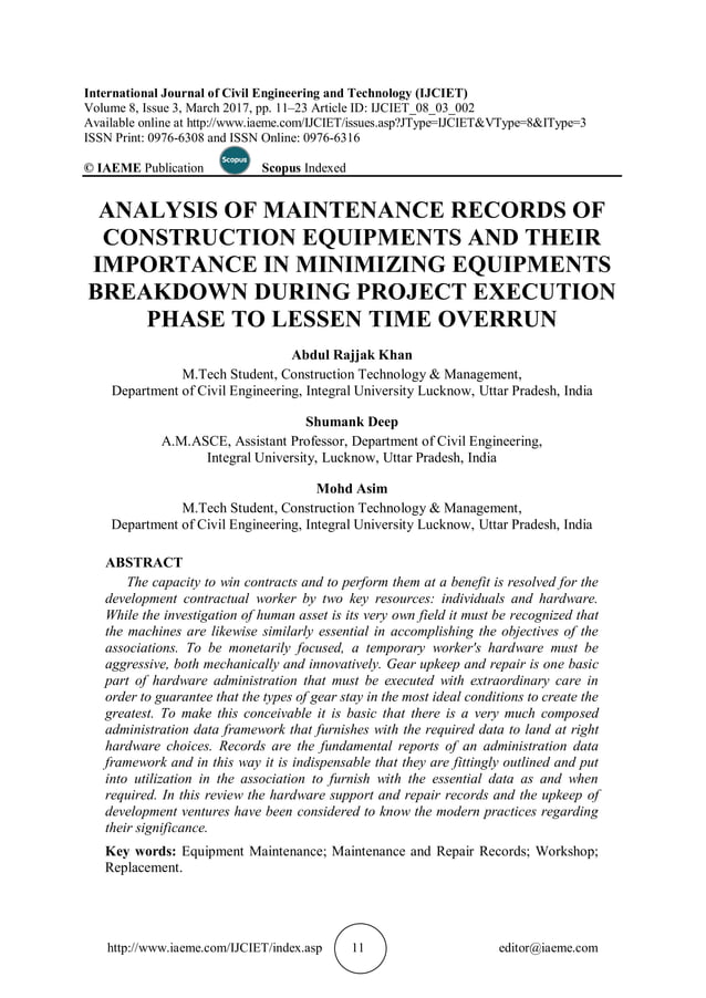 ANALYSIS OF MAINTENANCE RECORDS OF CONSTRUCTION EQUIPMENTS AND THEIR IMPORTANCE IN MINIMIZING ...