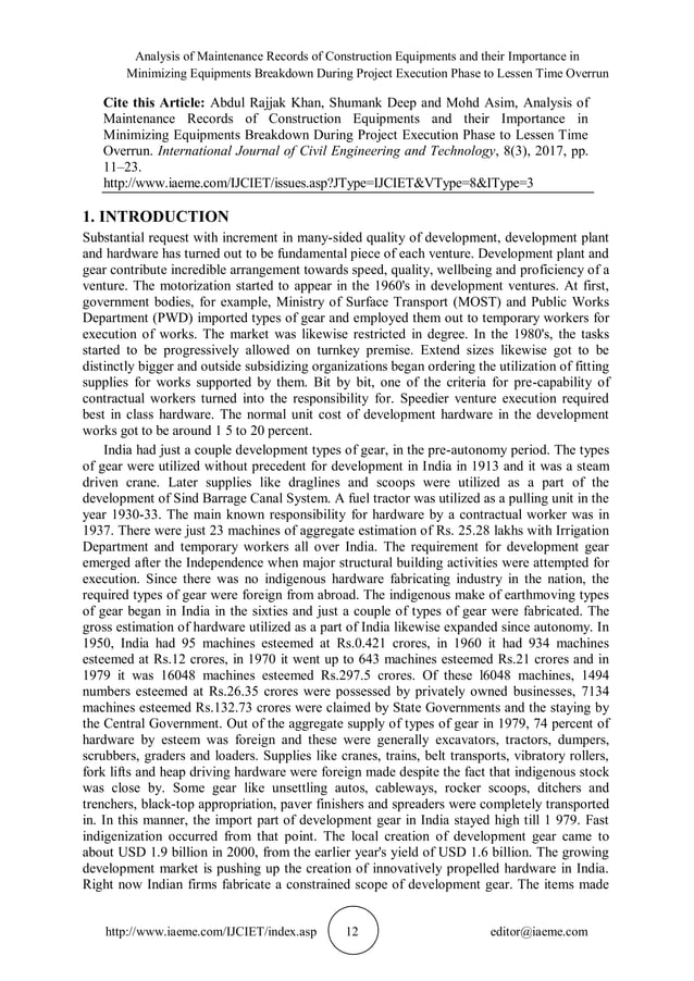 ANALYSIS OF MAINTENANCE RECORDS OF CONSTRUCTION EQUIPMENTS AND THEIR IMPORTANCE IN MINIMIZING ...