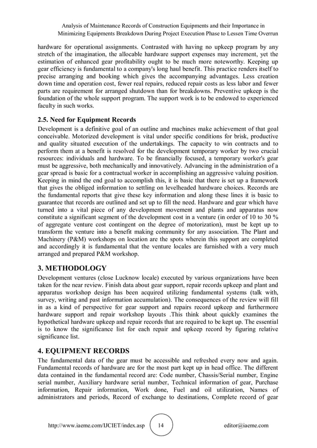 ANALYSIS OF MAINTENANCE RECORDS OF CONSTRUCTION EQUIPMENTS AND THEIR IMPORTANCE IN MINIMIZING ...