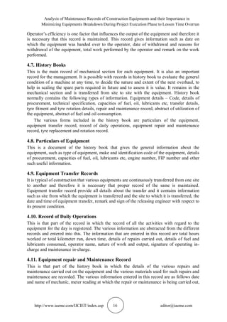 ANALYSIS OF MAINTENANCE RECORDS OF CONSTRUCTION EQUIPMENTS AND THEIR ...