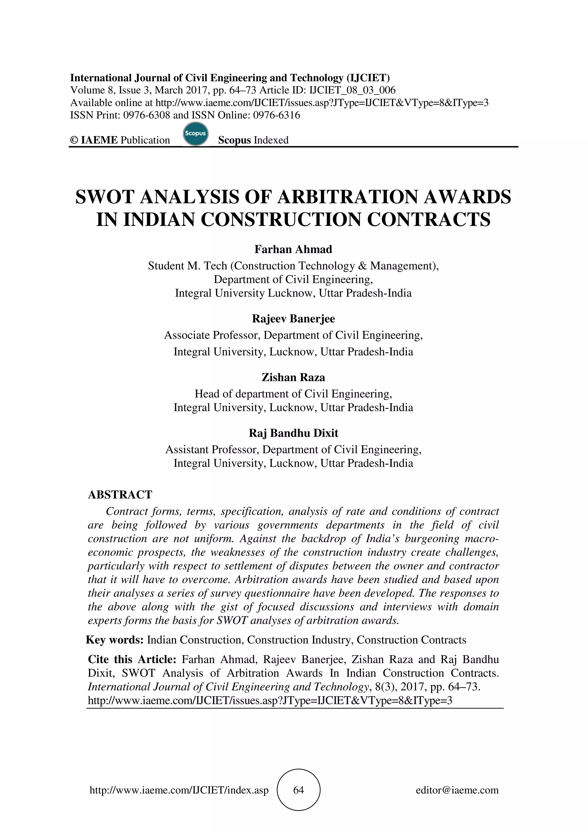 SWOT ANALYSIS OF ARBITRATION AWARDS IN INDIAN CONSTRUCTION CONTRACTS ...