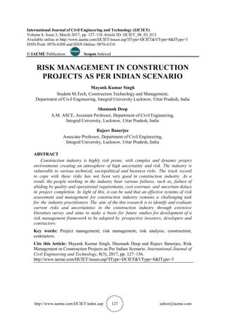 RISK MANAGEMENT IN CONSTRUCTION PROJECTS AS PER INDIAN SCENARIO | PDF