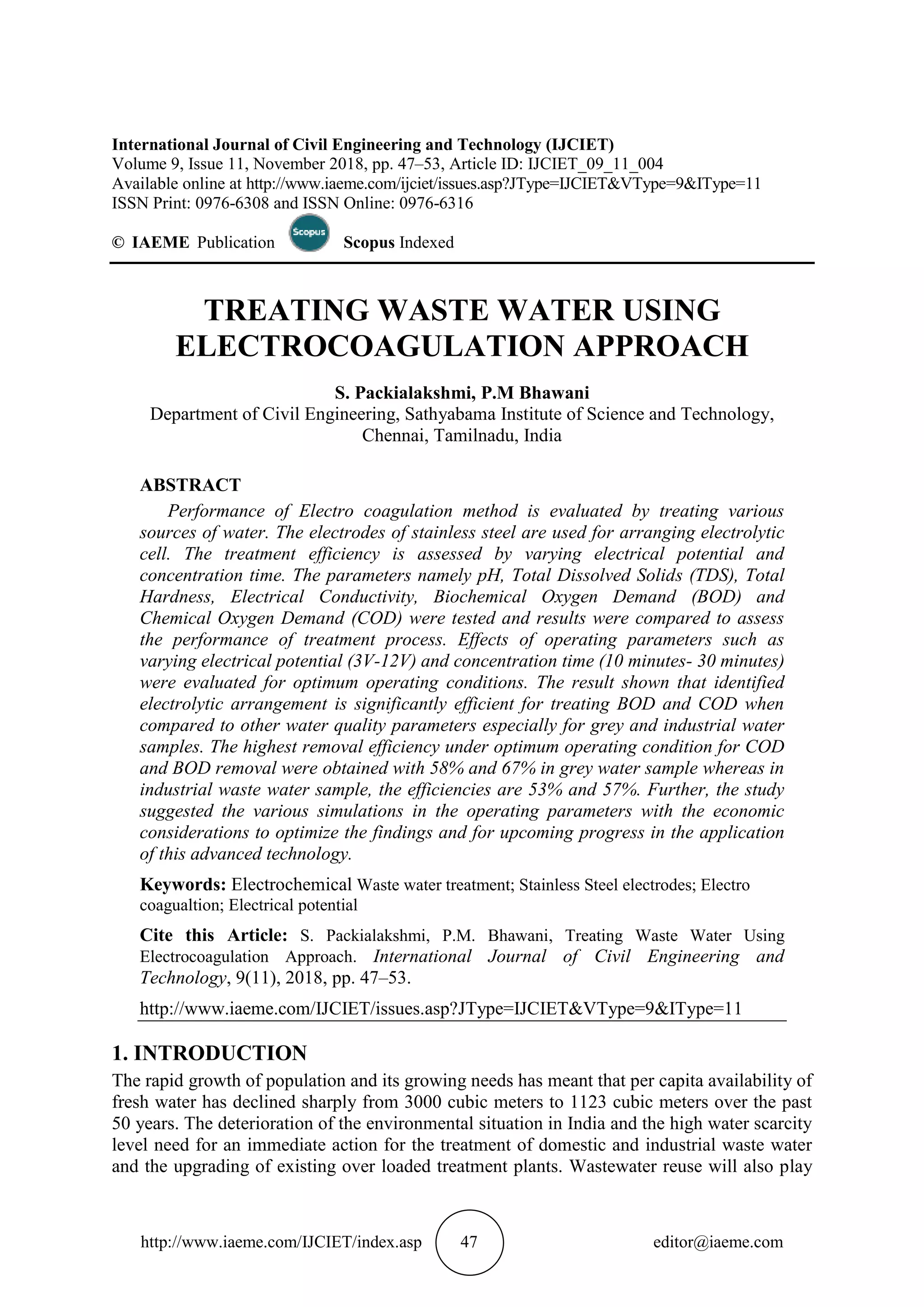 TREATING WASTE WATER USING ELECTROCOAGULATION APPROACH | PDF