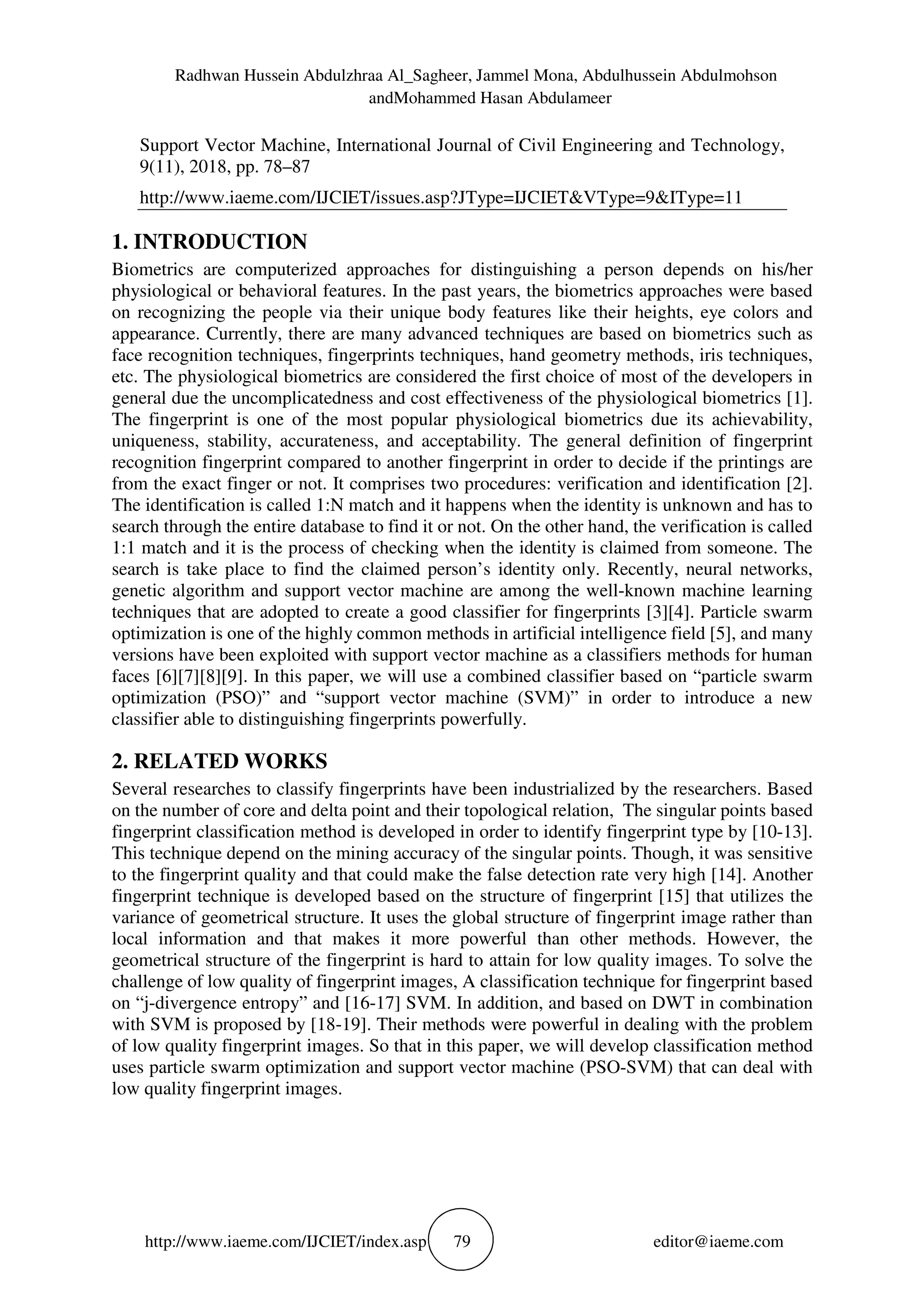 FINGERPRINT CLASSIFICATION MODEL BASED ON NEW COMBINATION OF PARTICLE SWARM OPTIMIZATION AND ...