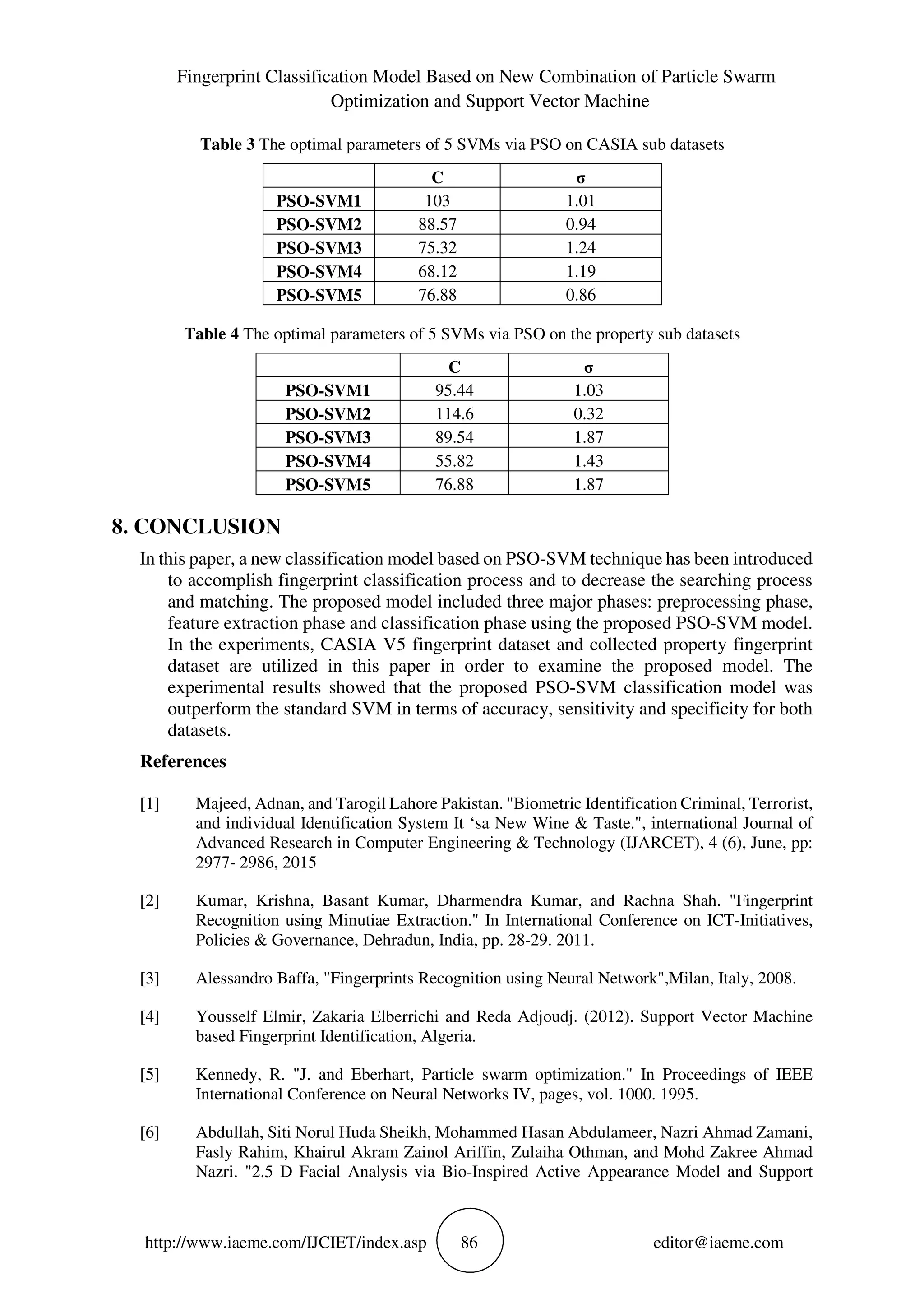 FINGERPRINT CLASSIFICATION MODEL BASED ON NEW COMBINATION OF PARTICLE SWARM OPTIMIZATION AND ...