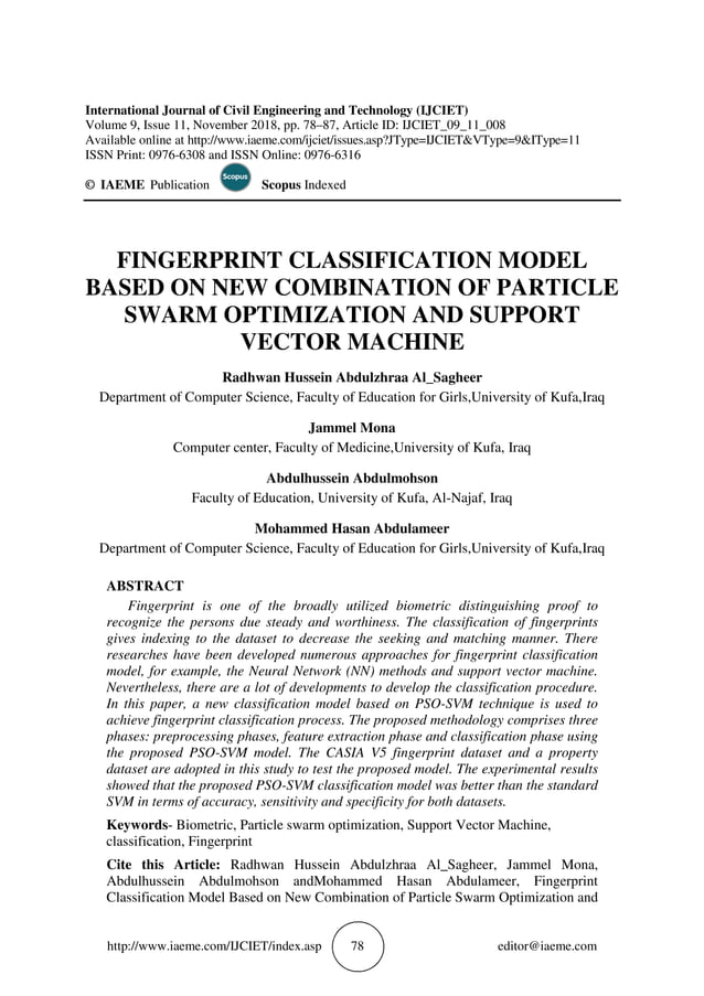 FINGERPRINT CLASSIFICATION MODEL BASED ON NEW COMBINATION OF PARTICLE SWARM OPTIMIZATION AND ...