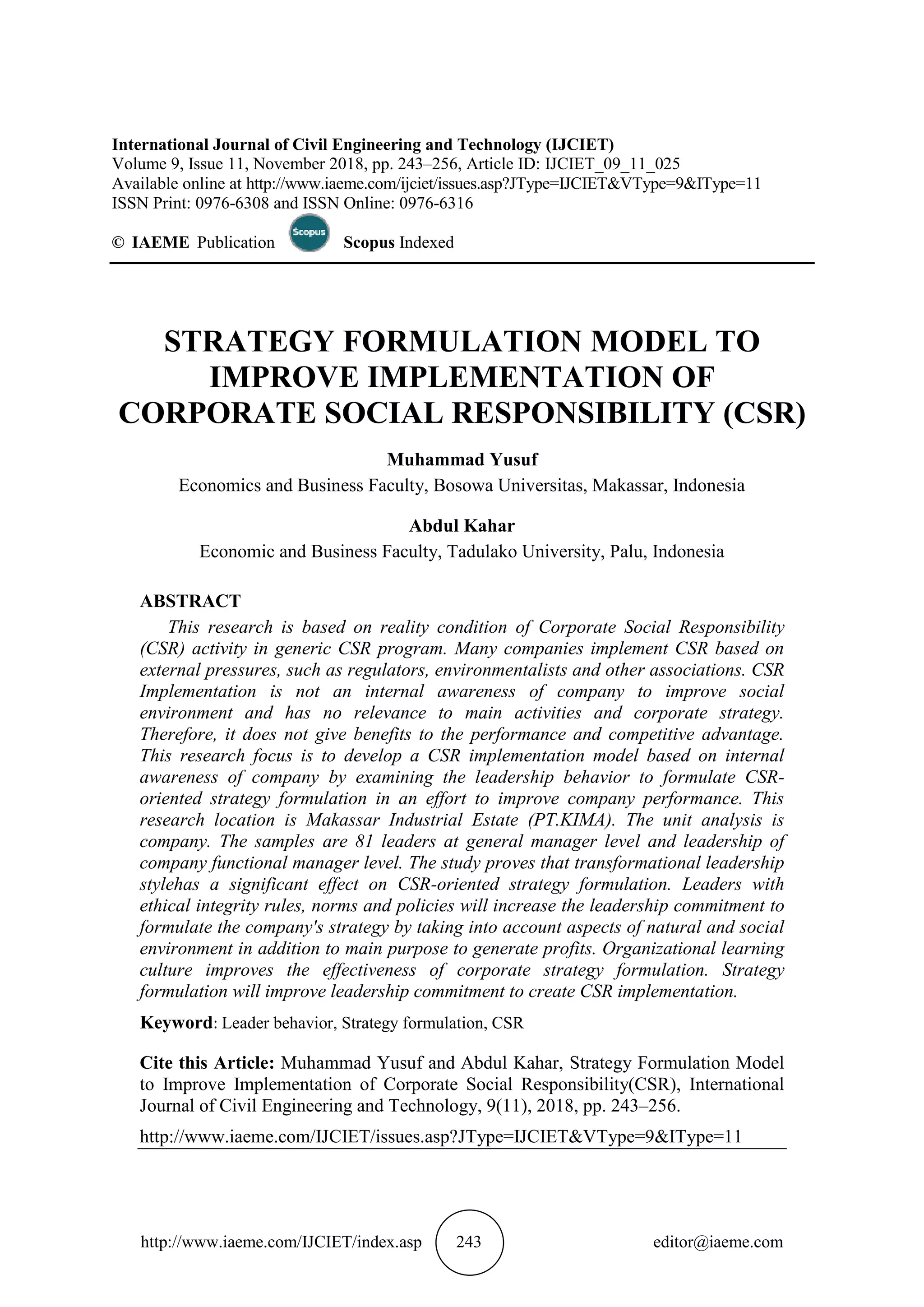 STRATEGY FORMULATION MODEL TO IMPROVE IMPLEMENTATION OF CORPORATE SOCIAL RESPONSIBILITY (CSR) | PDF