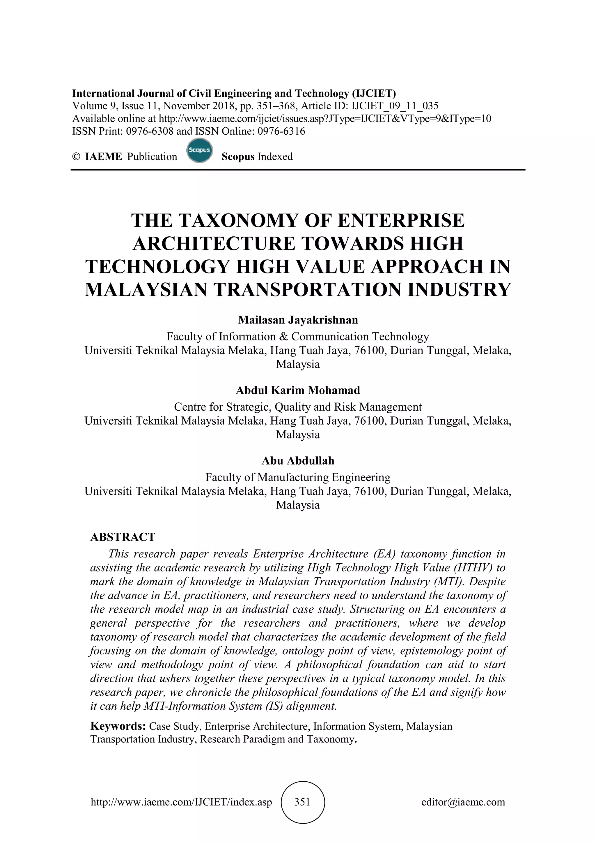 THE TAXONOMY OF ENTERPRISE ARCHITECTURE TOWARDS HIGH TECHNOLOGY HIGH ...