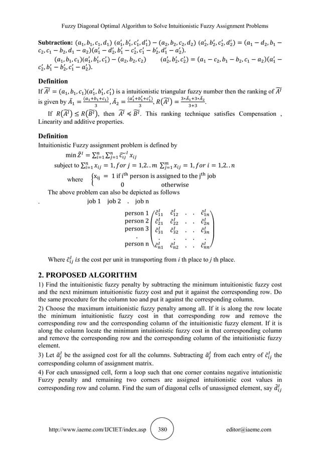 FUZZY DIAGONAL OPTIMAL ALGORITHM TO SOLVE INTUITIONISTIC FUZZY ASSIGNMENT PROBLEMS | PDF