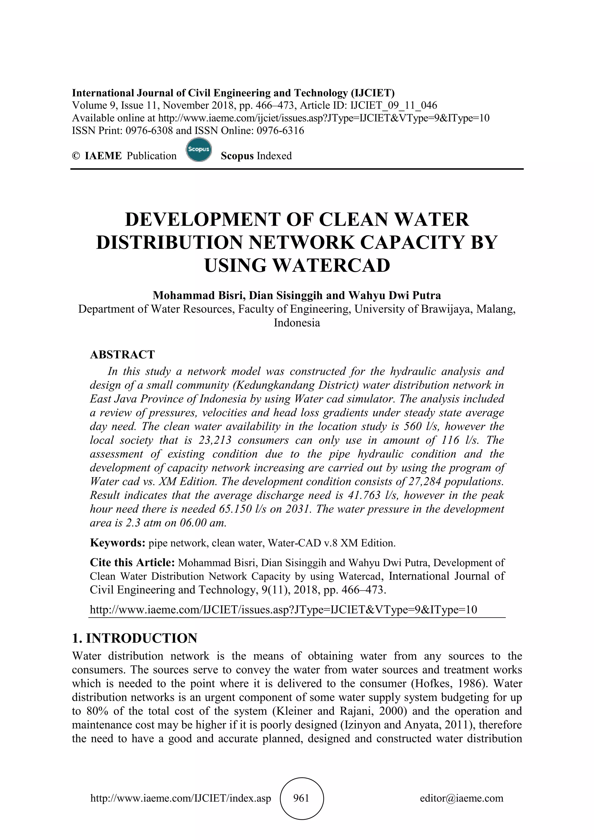DEVELOPMENT OF CLEAN WATER DISTRIBUTION NETWORK CAPACITY BY USING ...