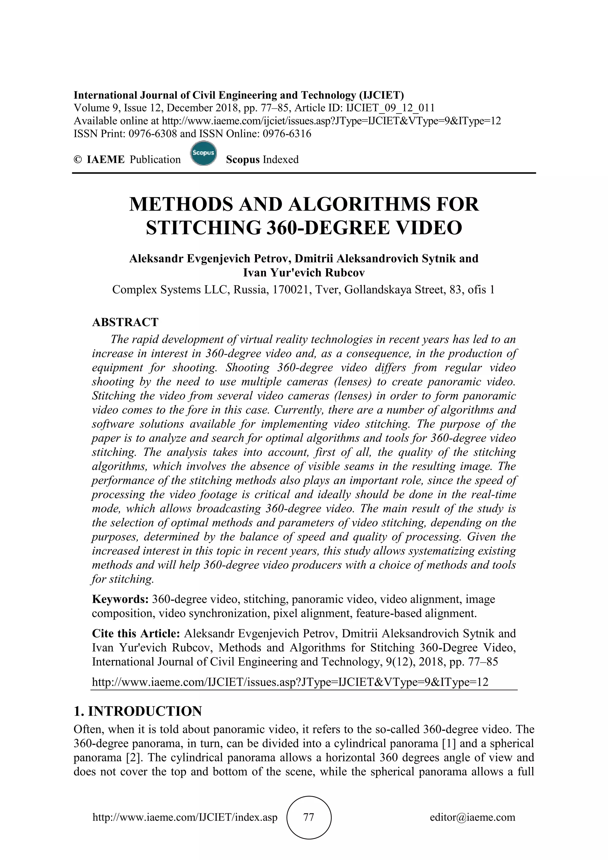 METHODS AND ALGORITHMS FOR STITCHING 360-DEGREE VIDEO | PDF | Video Software | Computer Software ...