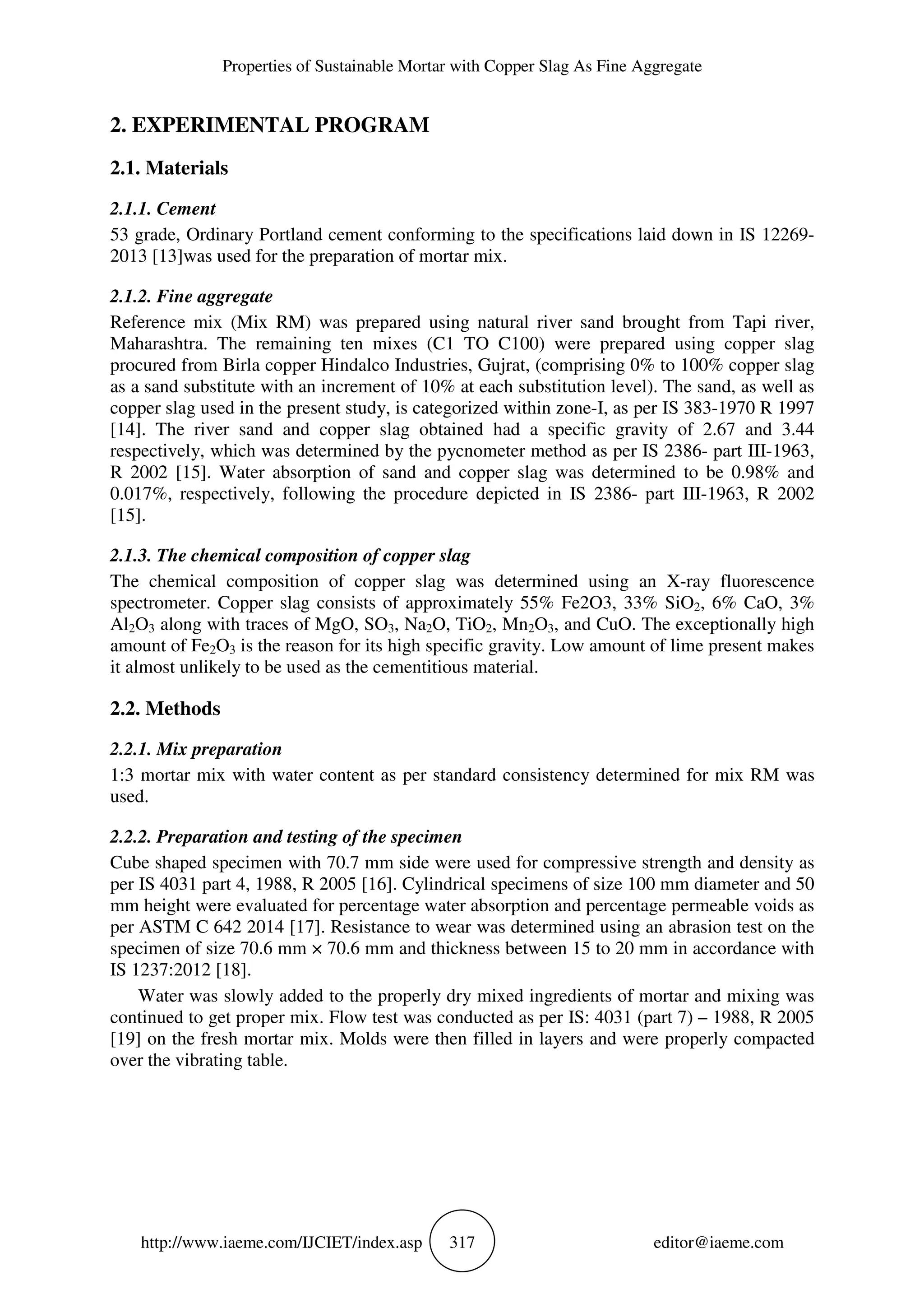 PROPERTIES OF SUSTAINABLE MORTAR WITH COPPER SLAG AS FINE AGGREGATE | PDF