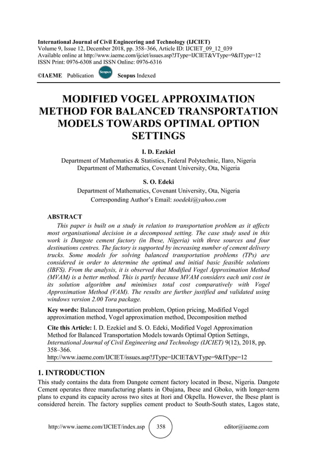 MODIFIED VOGEL APPROXIMATION METHOD FOR BALANCED TRANSPORTATION MODELS TOWARDS OPTIMAL OPTION ...