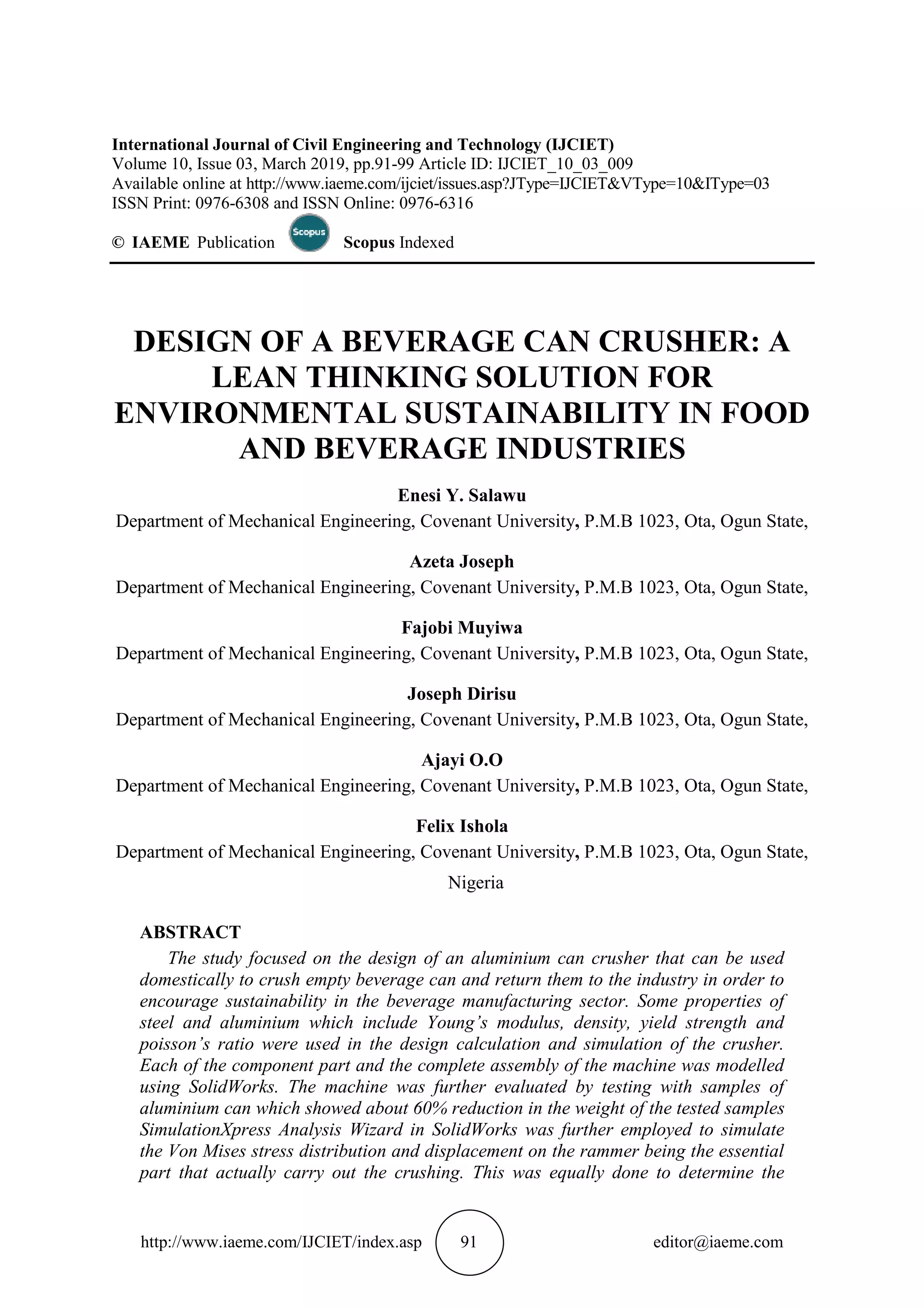 DESIGN OF A BEVERAGE CAN CRUSHER: A LEAN THINKING SOLUTION FOR ENVIRONMENTAL SUSTAINABILITY IN ...