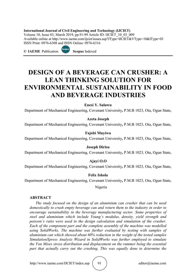 DESIGN OF A BEVERAGE CAN CRUSHER: A LEAN THINKING SOLUTION FOR ENVIRONMENTAL SUSTAINABILITY IN ...