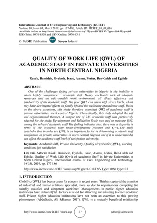 QUALITY OF WORK LIFE (QWL) OF ACADEMIC STAFF IN PRIVATE UNIVERSITIES IN ...