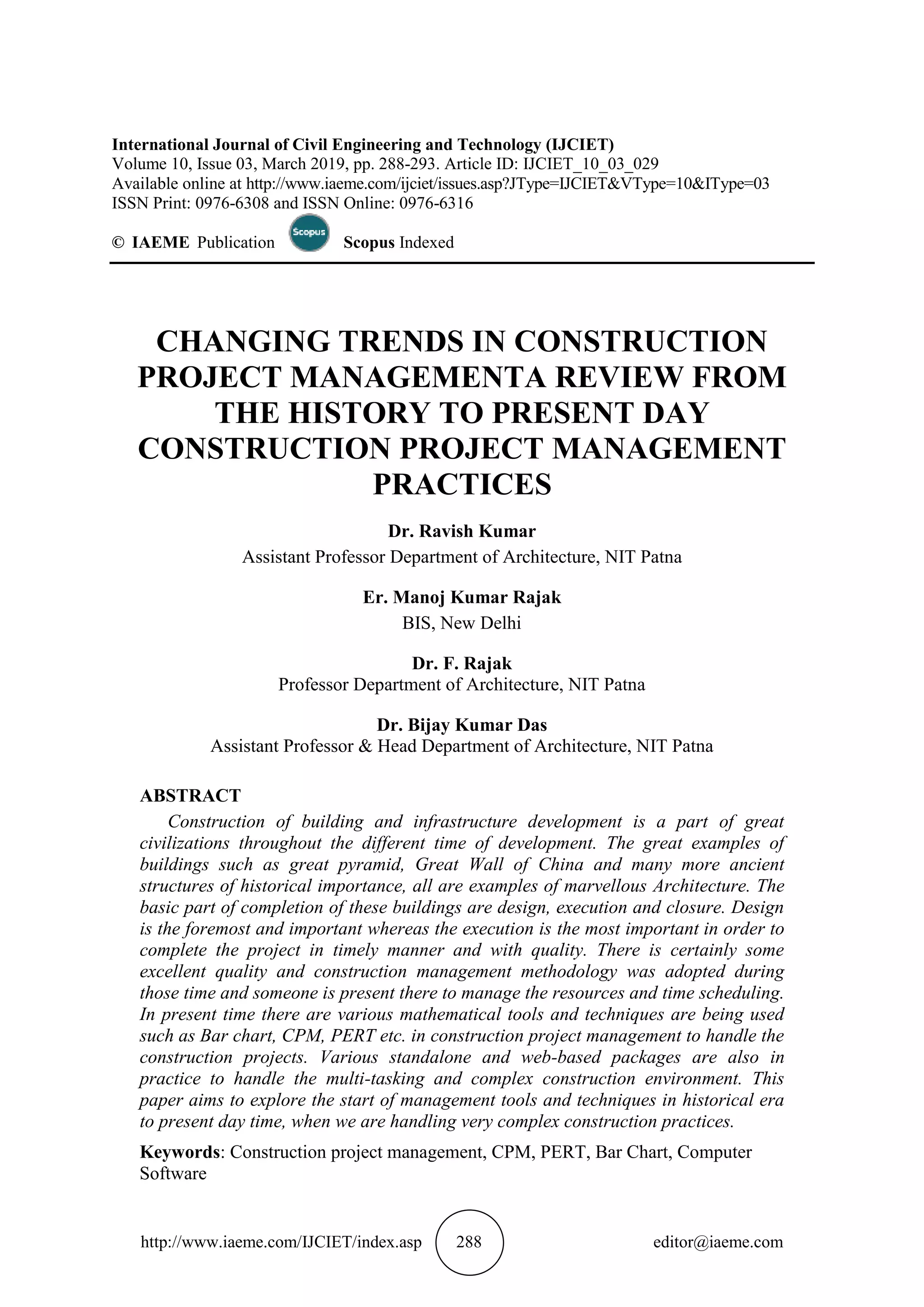 CHANGING TRENDS IN CONSTRUCTION PROJECT MANAGEMENTA REVIEW FROM THE ...