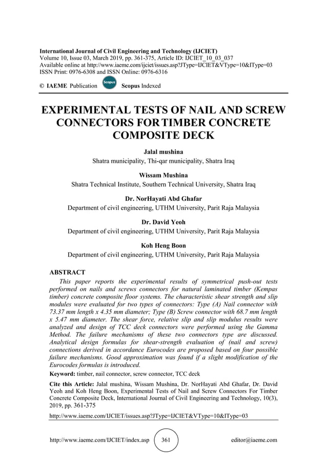 EXPERIMENTAL TESTS OF NAIL AND SCREW CONNECTORS FOR TIMBER CONCRETE ...