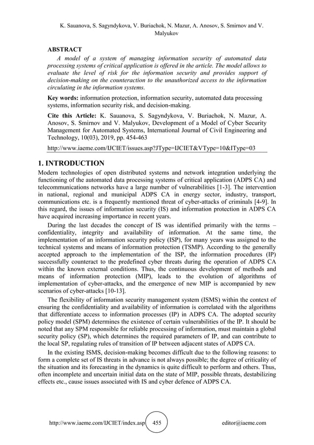 DEVELOPMENT OF A MODEL OF CYBER SECURITY MANAGEMENT FOR AUTOMATED SYSTEMS | PDF | Information ...