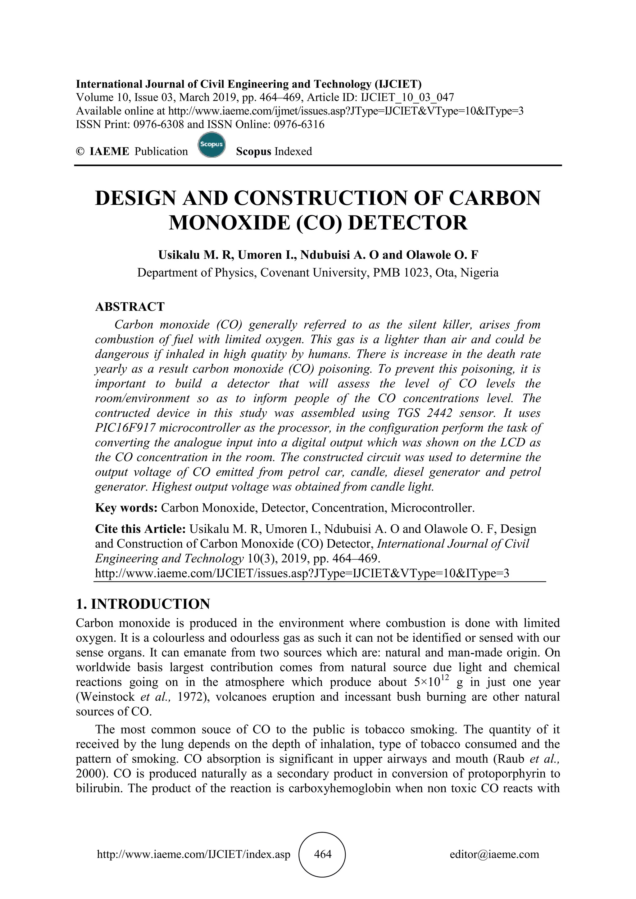 DESIGN AND CONSTRUCTION OF CARBON MONOXIDE (CO) DETECTOR | PDF