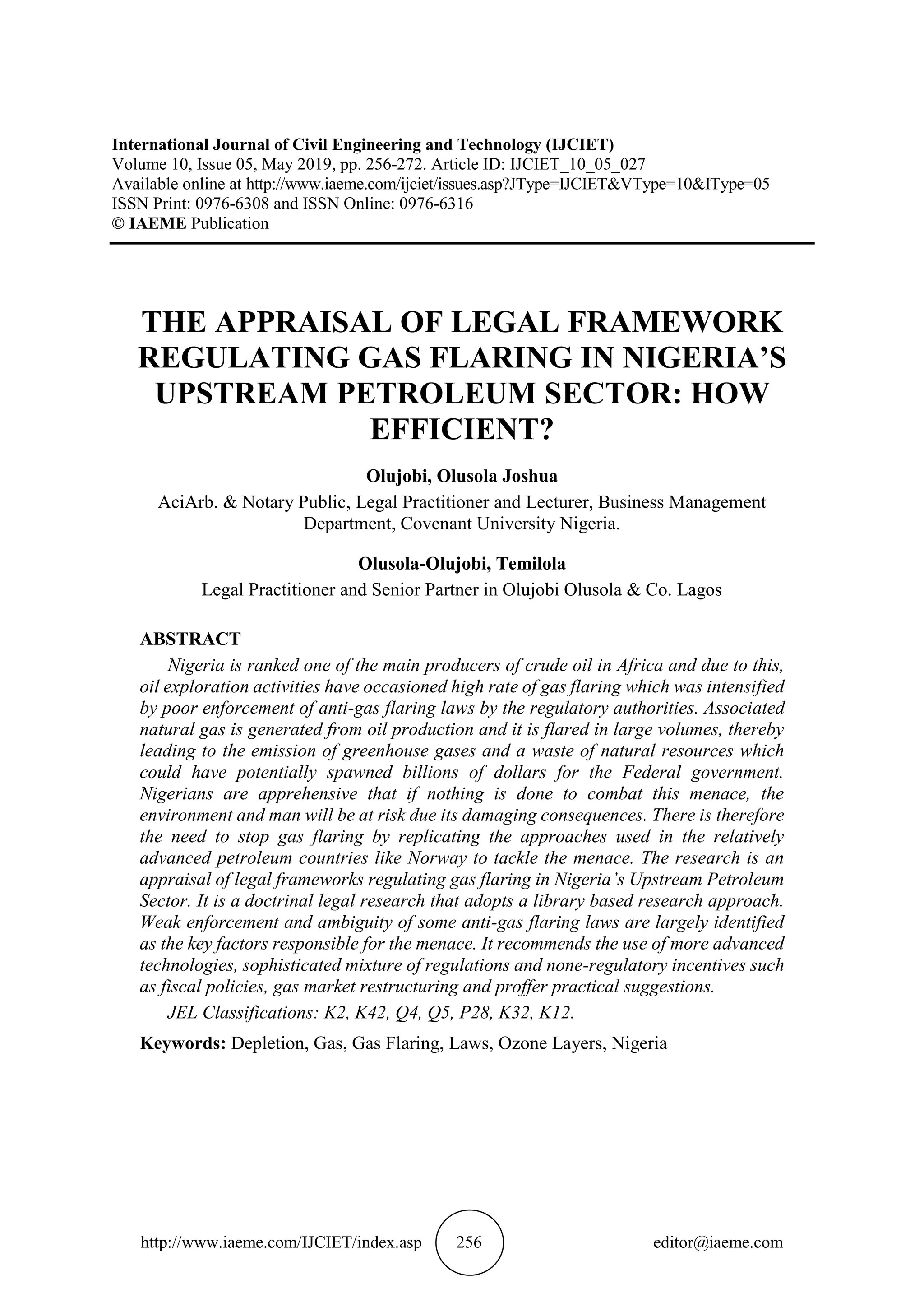 THE APPRAISAL OF LEGAL FRAMEWORK REGULATING GAS FLARING IN NIGERIA’S ...