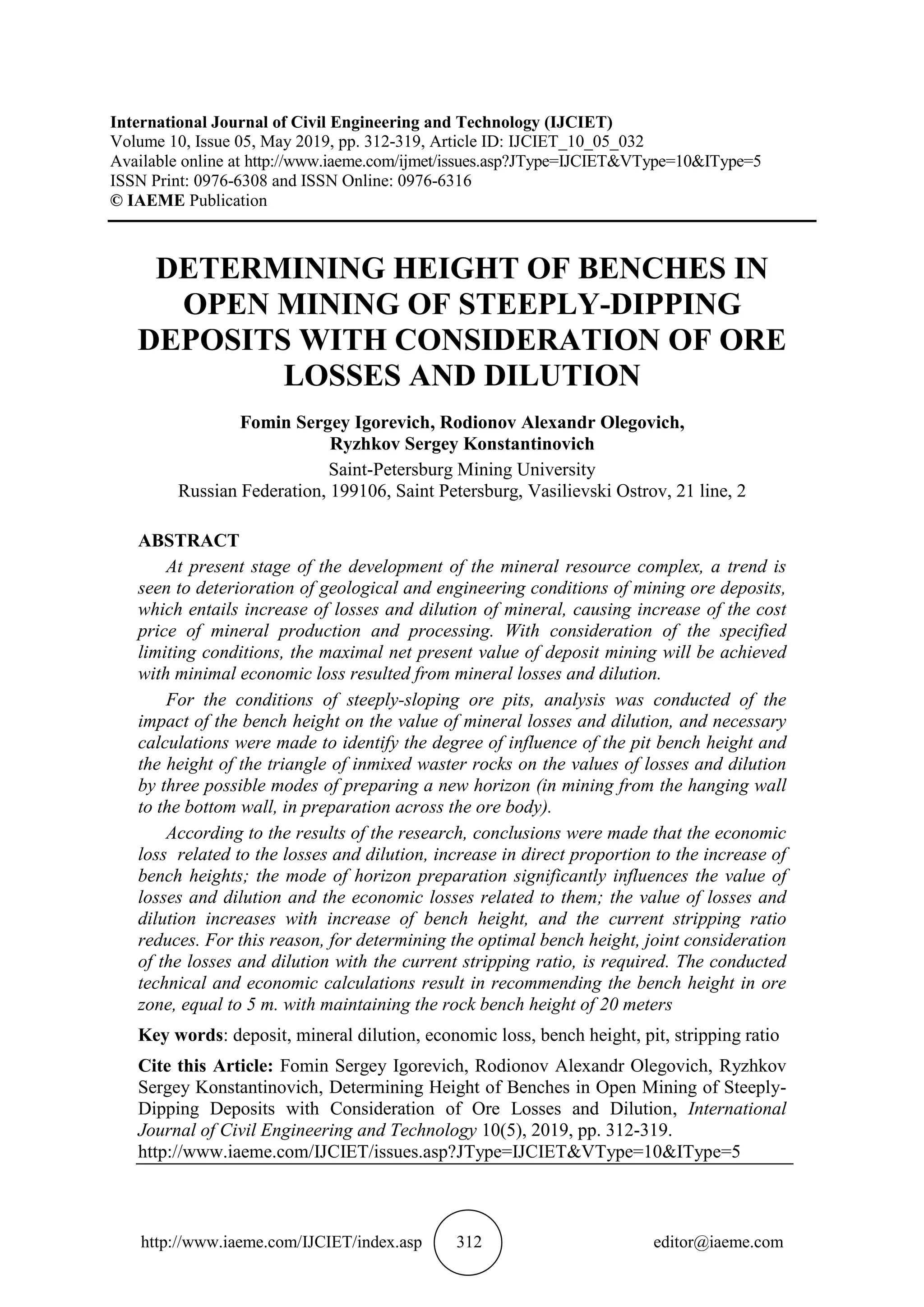 DETERMINING HEIGHT OF BENCHES IN OPEN MINING OF STEEPLY-DIPPING DEPOSITS WITH CONSIDERATION OF ...
