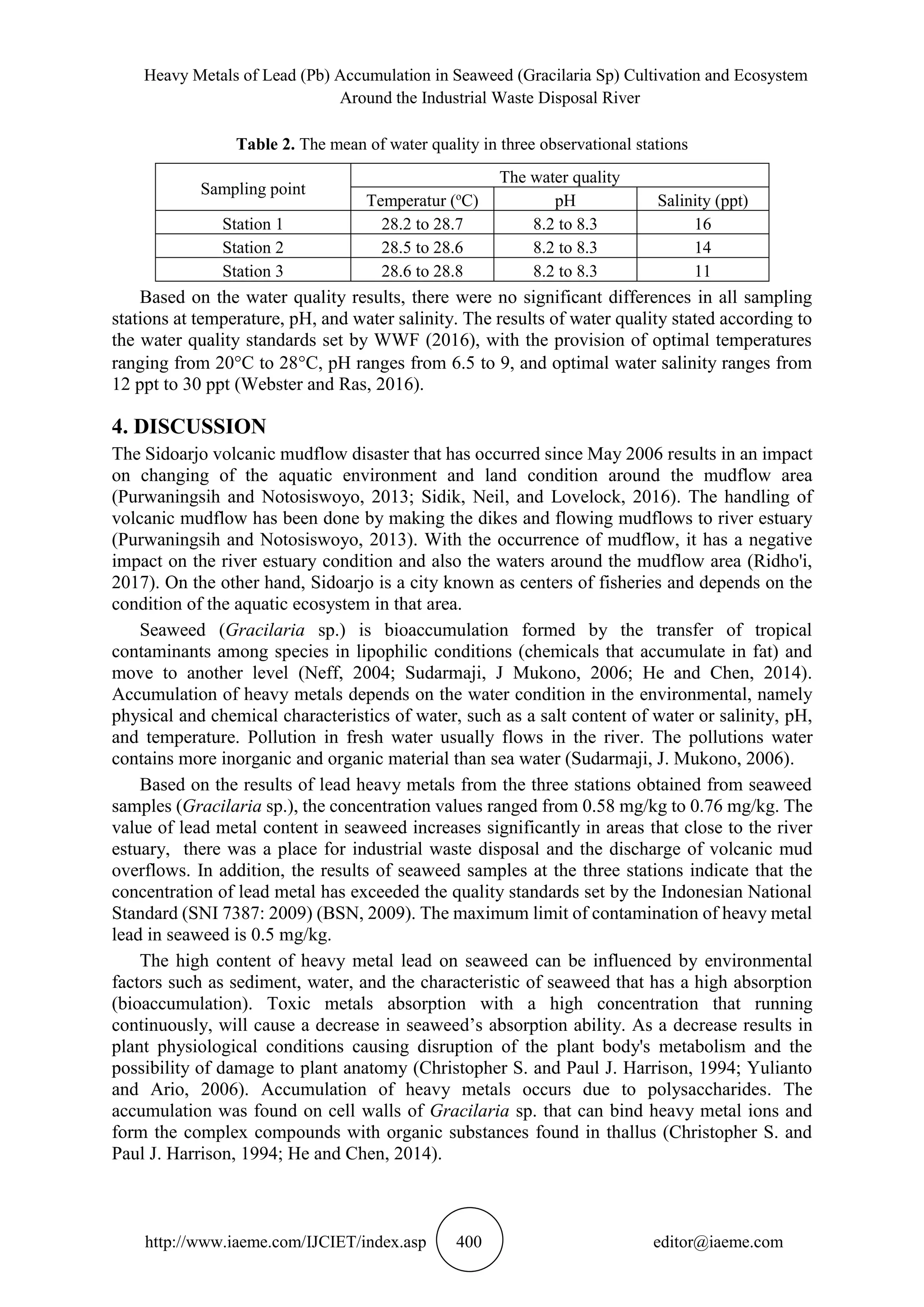 HEAVY METALS OF LEAD (PB) ACCUMULATION IN SEAWEED (GRACILARIA SP ...