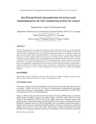 An Encryption Algorithm To Evaluate Performance Of V2v Communication In Vanet | PDF