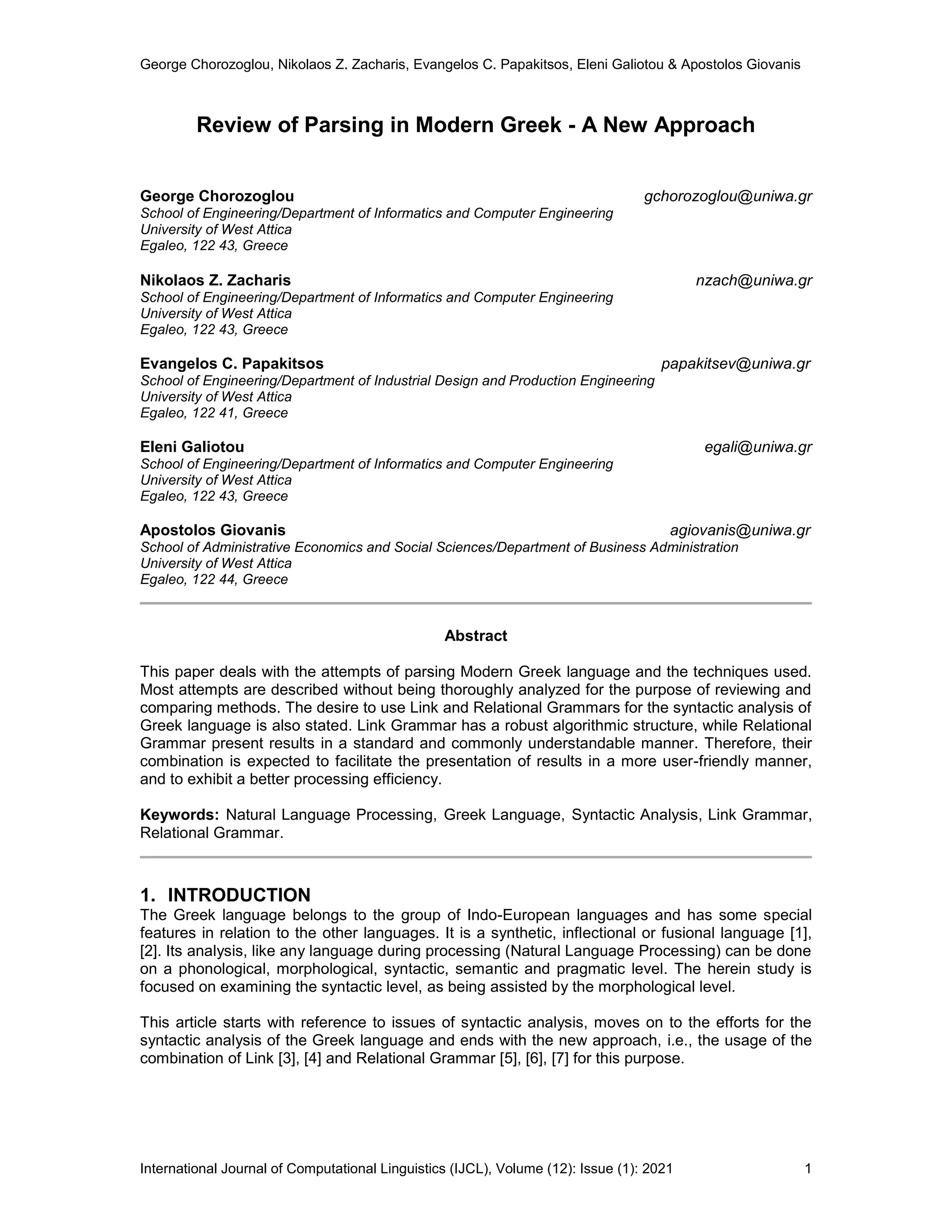 Review of Parsing in Modern Greek - A New Approach | PDF