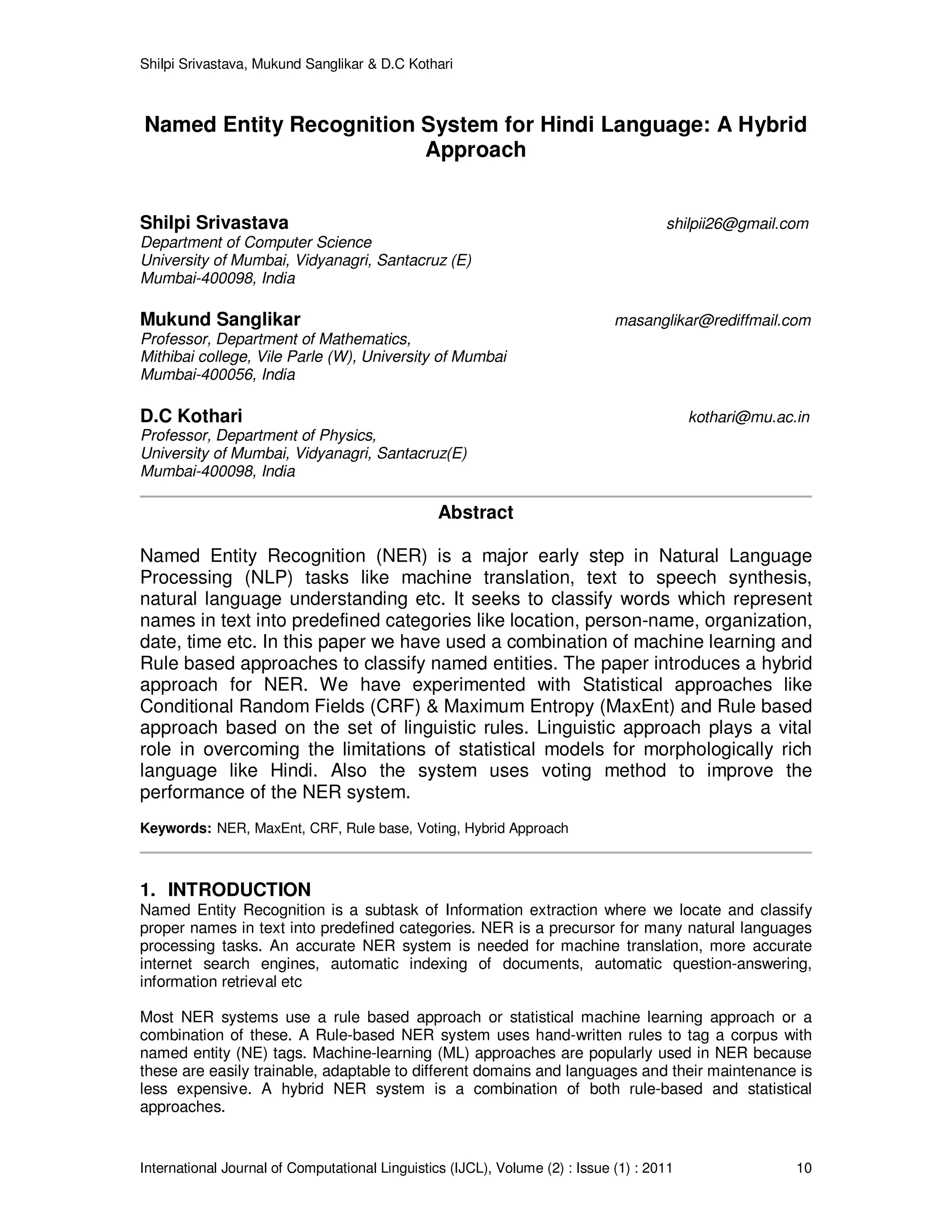 Named Entity Recognition System for Hindi Language: A Hybrid Approach | PDF | Databases ...